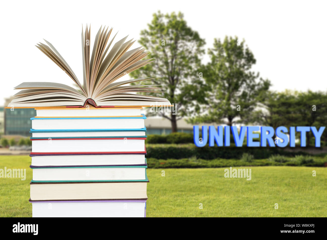 book and university campus (very blurred and composed background Stock ...