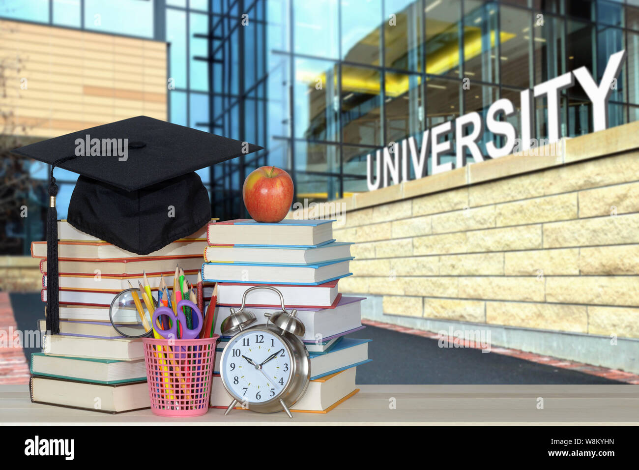 composition of book and university campus for education concept Stock ...