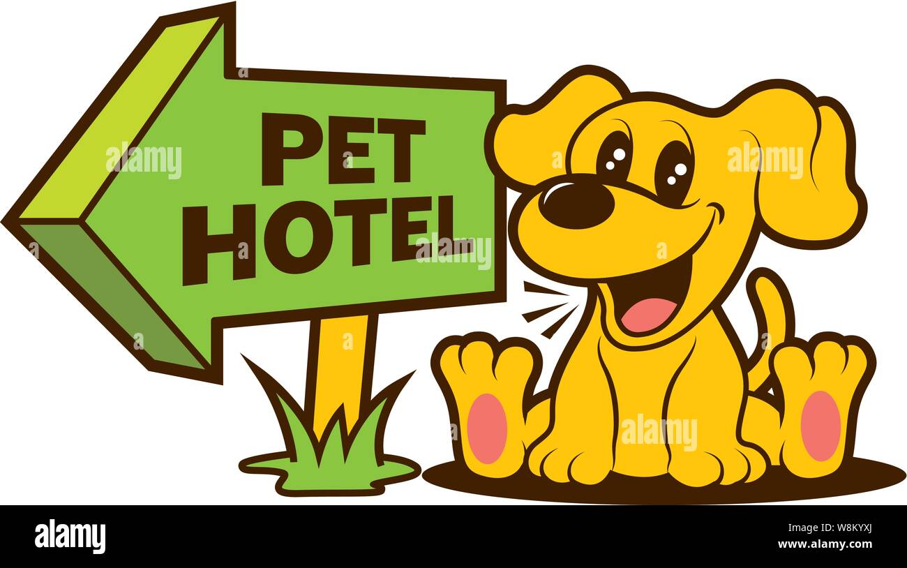 Cartoon Cute puppy sitting beside pet hotel signboard, dog vector ...