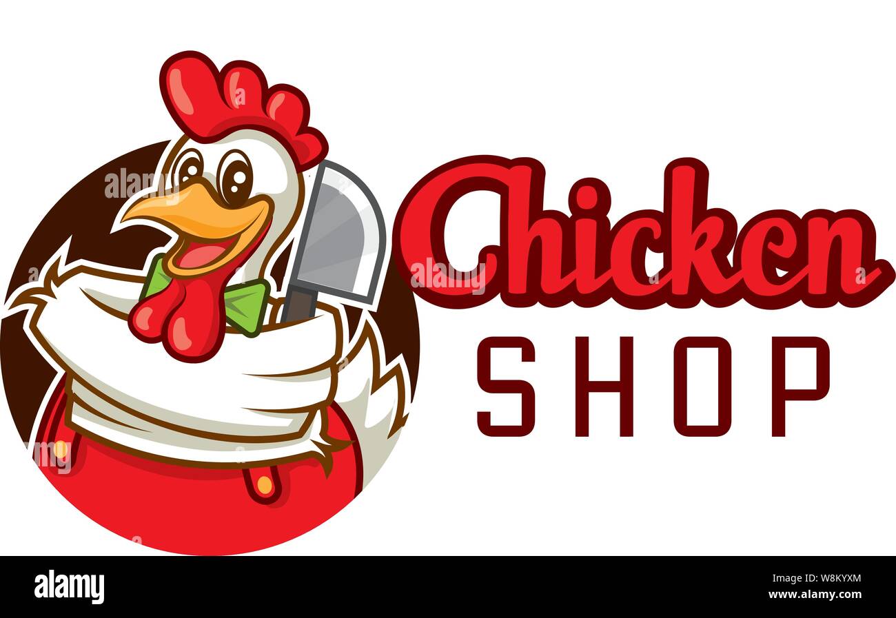 Cartoon cute chicken mascot character with cleaver and big signboard ...