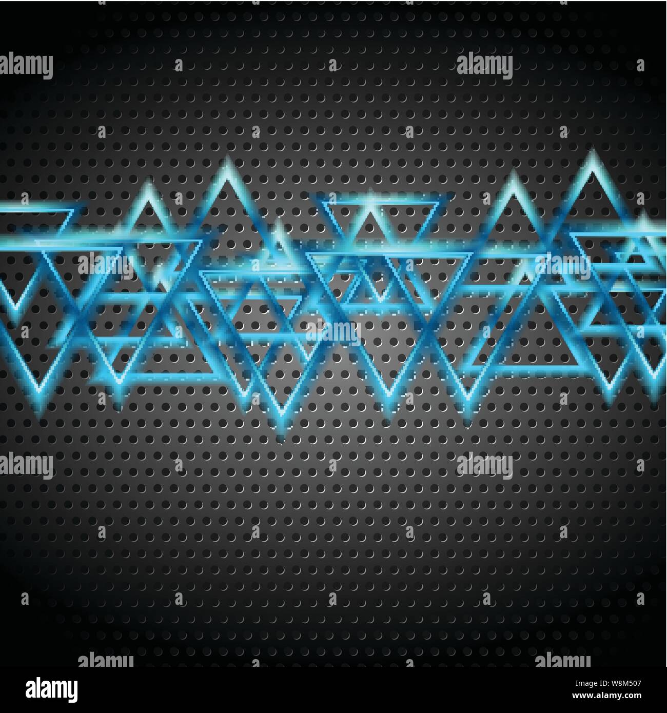 Blue glossy shiny triangles on dark perforated background. Vector ...
