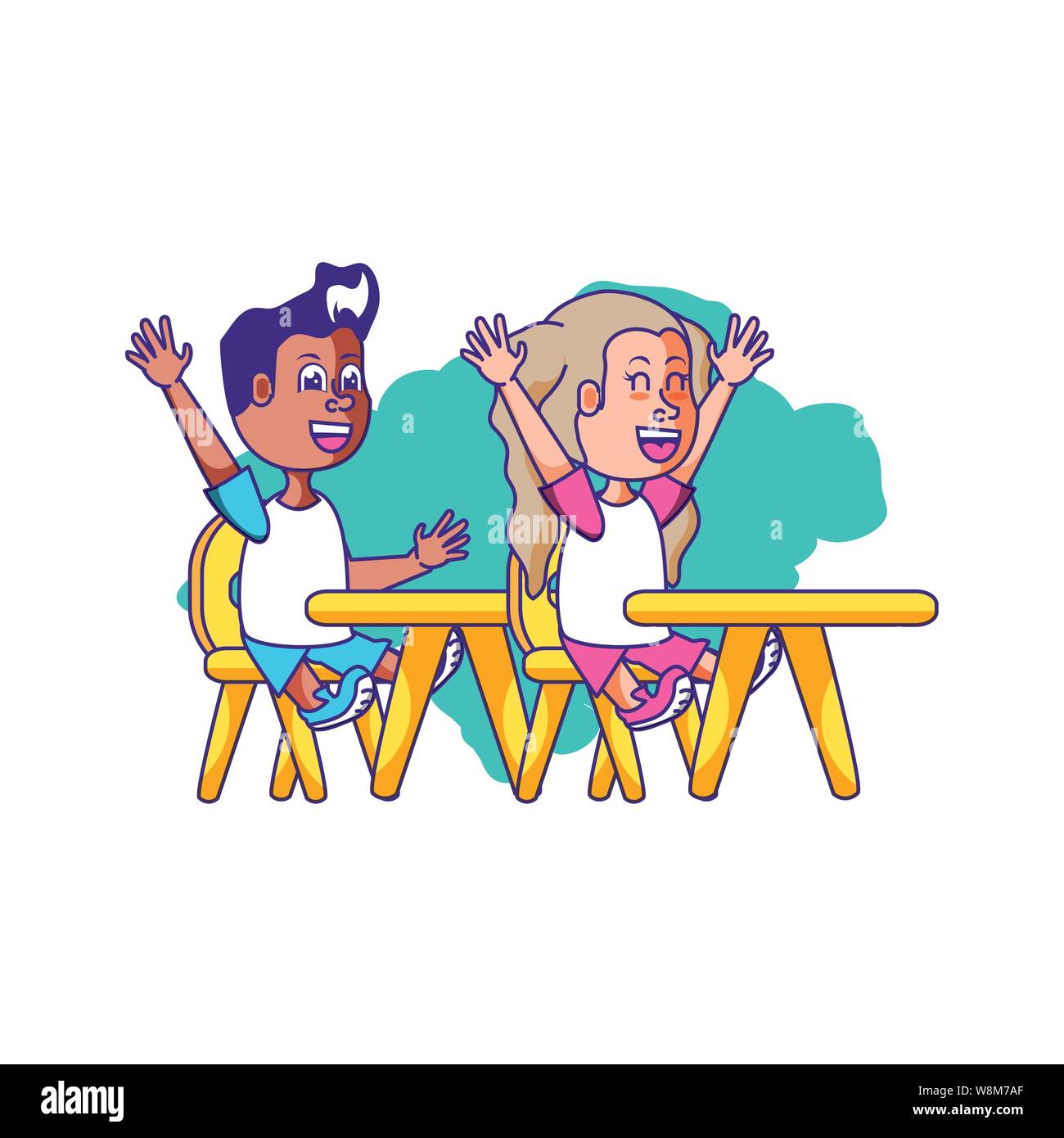 little students seated in school desks vector illustration design Stock ...