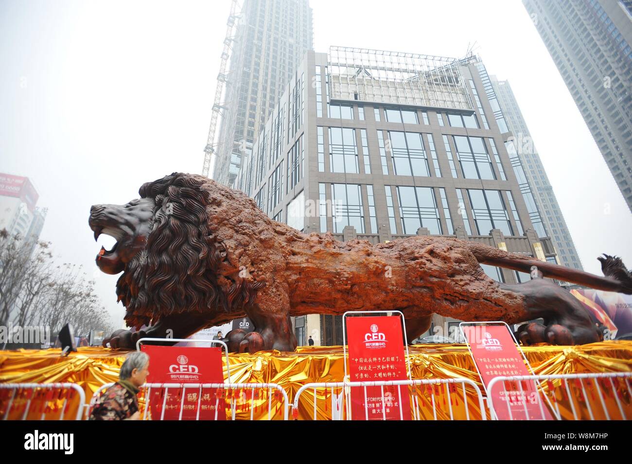 A lion sculpture made of Myanmar rosewood is on display on a square in ...