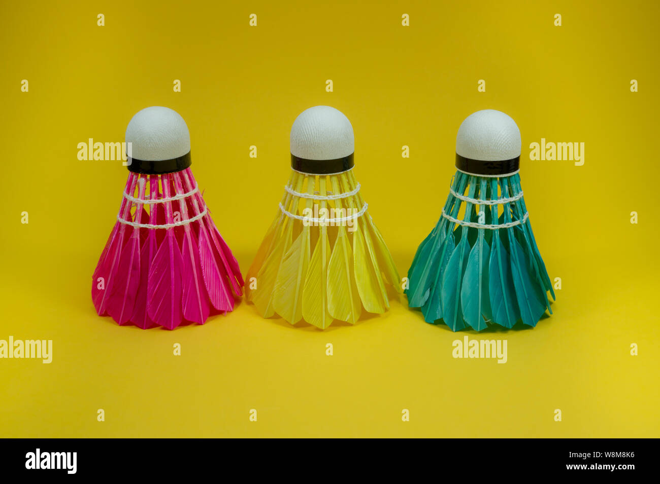 Colorful feathered shuttlecocks in blue, yellow and pink on a yellow ...