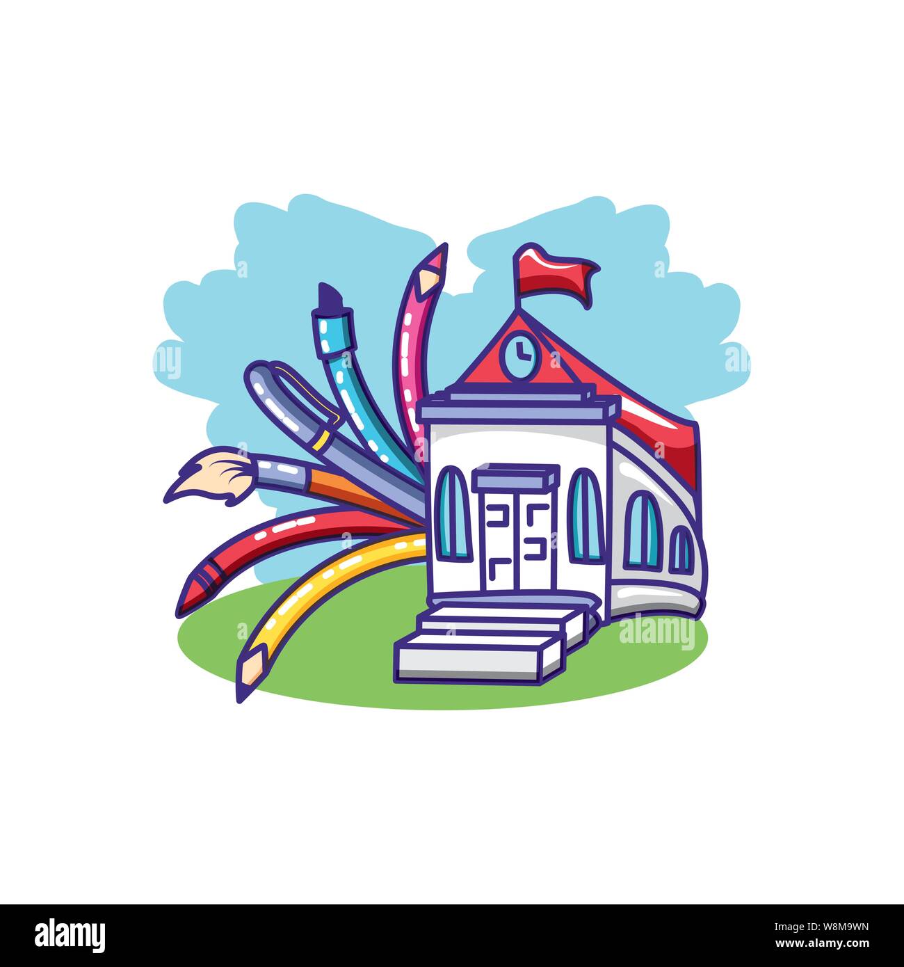 school building with set of pencils and colors supplies vector ...
