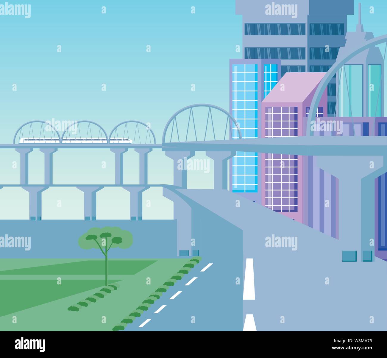 cityscape buildings scene with bridge and roads vector illustration ...