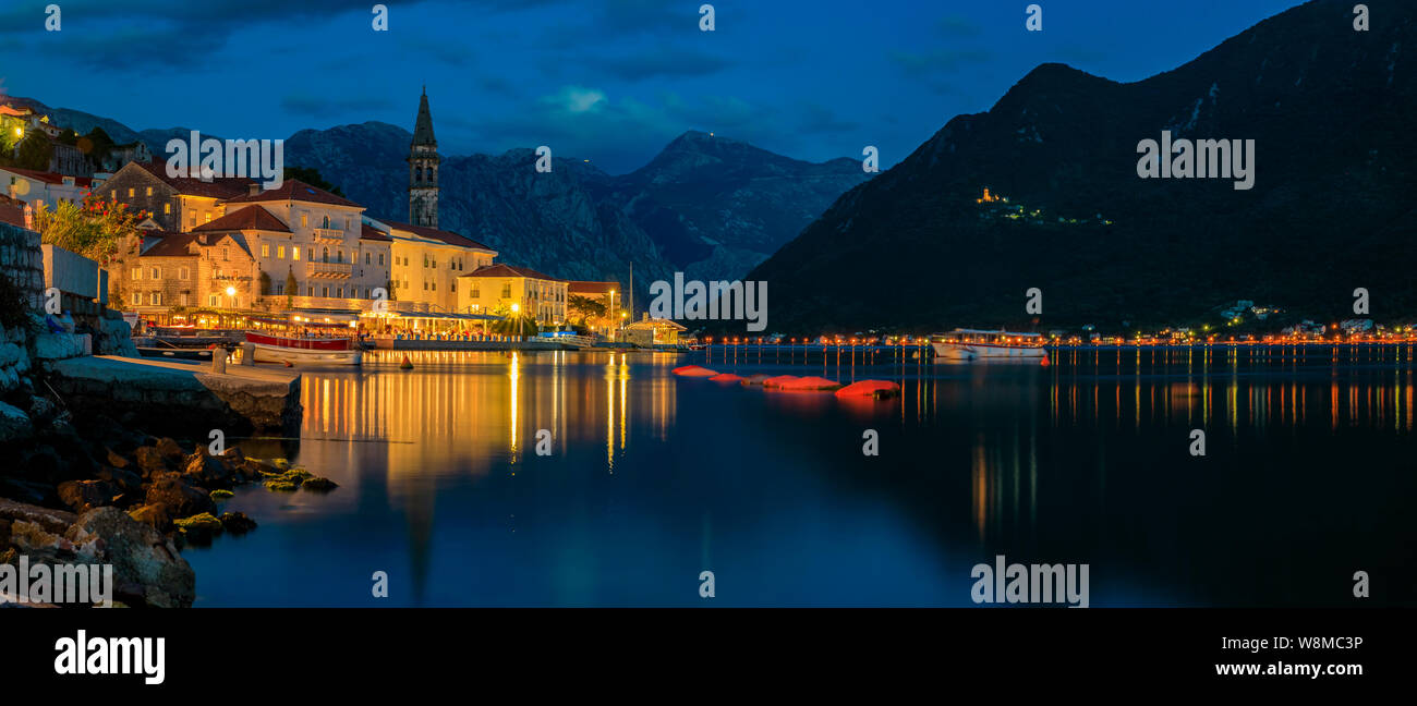 Long exposure sunset panoramic view of Kotor Bay and lights in the ...