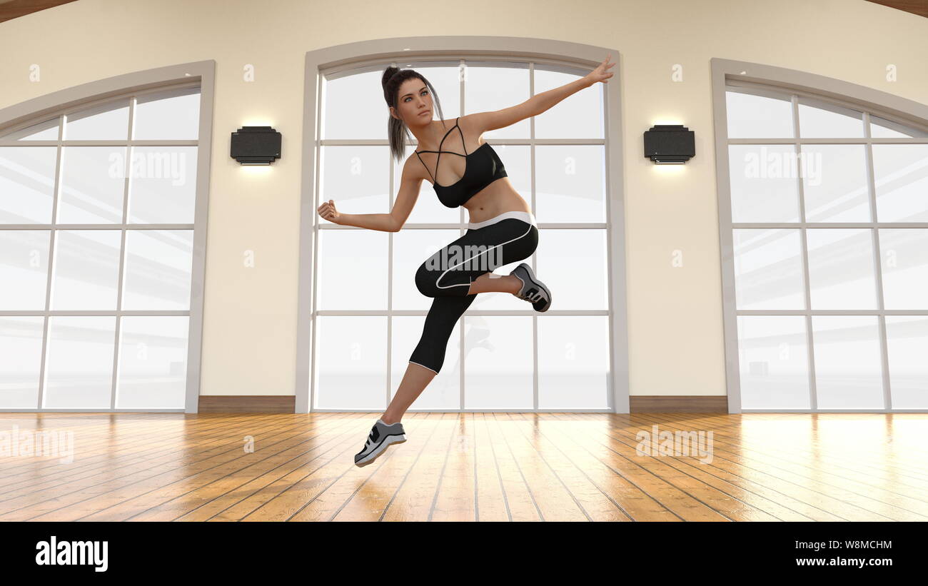 Aerobics Dance Fitness Class with Trainer Dancing Alone Stock Photo - Alamy