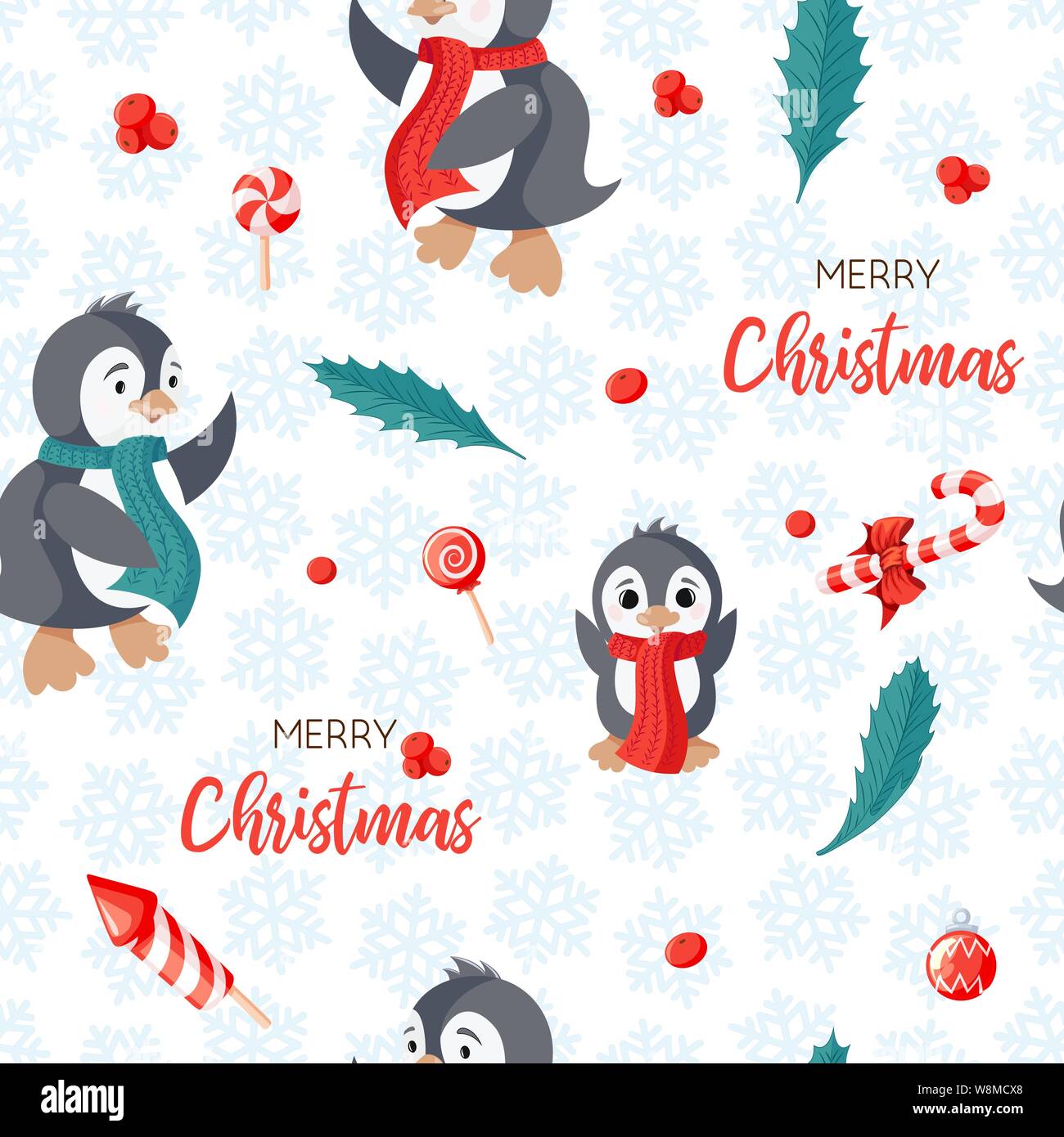 Seamless pattern with cute penguins. Hand-drawn vector illustration ...