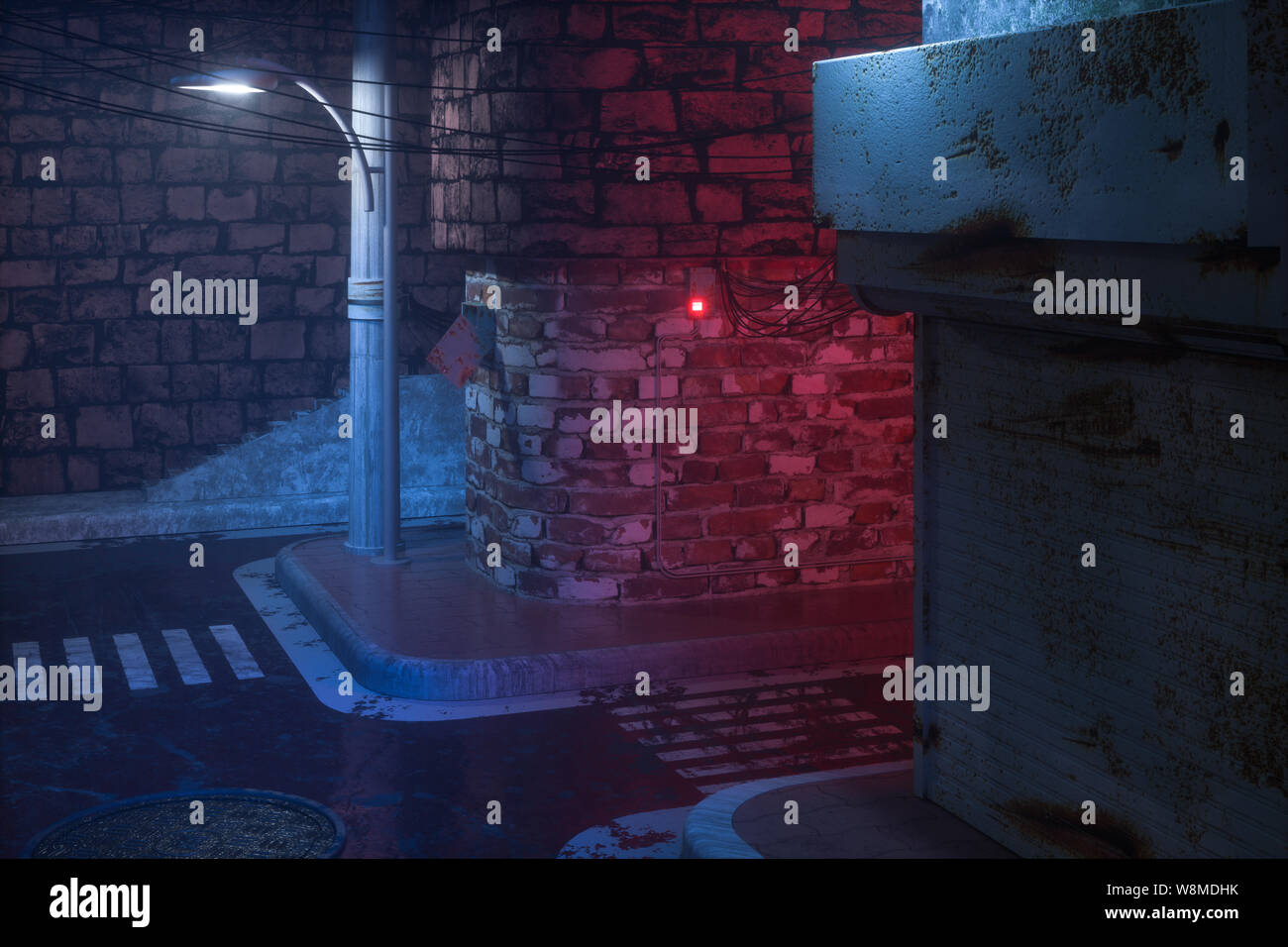 Vintage streets with colorful lights at night, 3d rendering. Computer ...