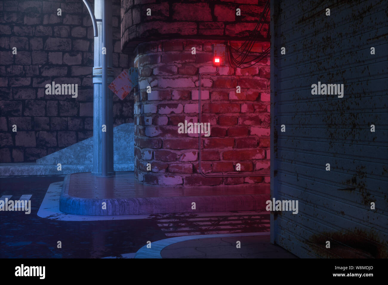 Vintage streets with colorful lights at night, 3d rendering. Computer ...