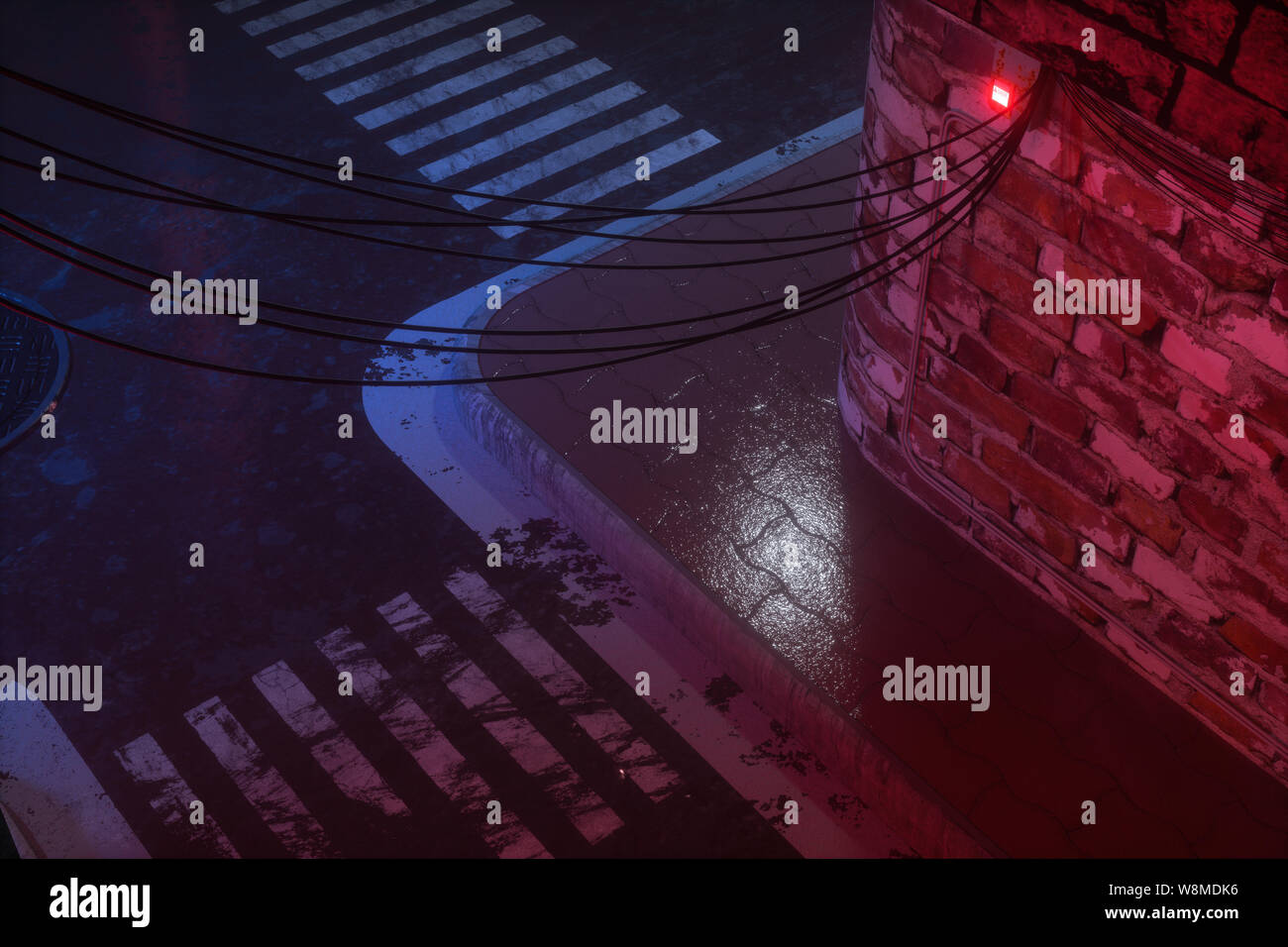 Vintage streets with colorful lights at night, 3d rendering. Computer ...