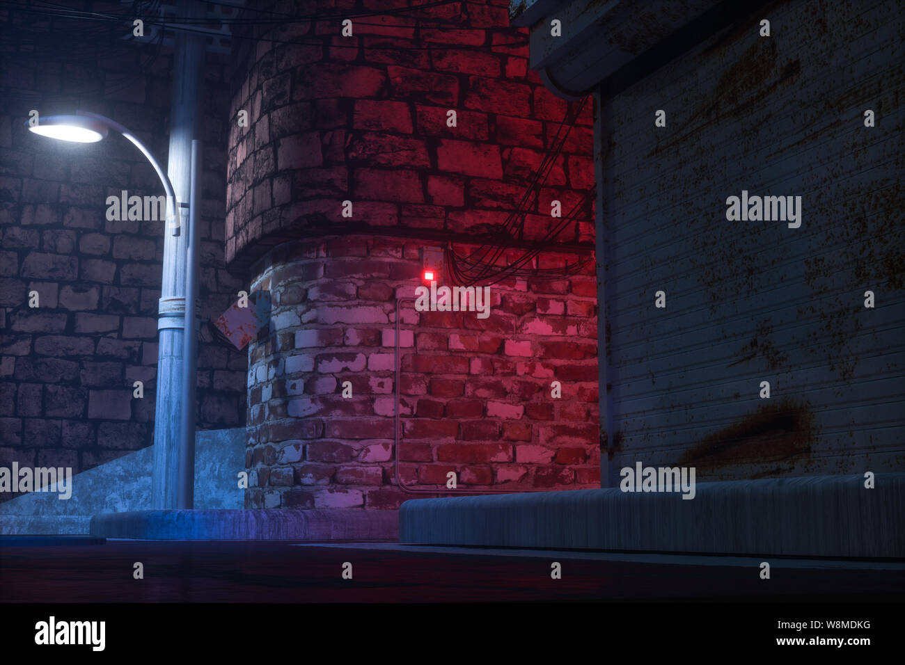 Vintage streets with colorful lights at night, 3d rendering. Computer ...