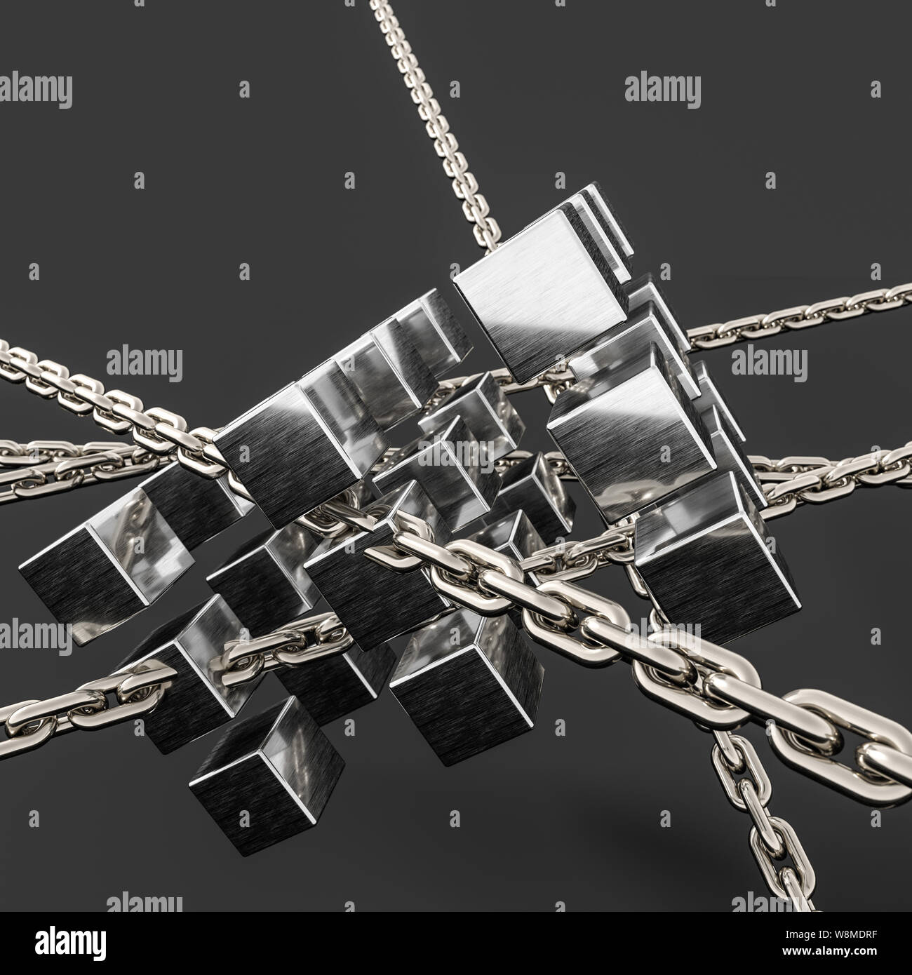 Metal chains and cubes background, 3d rendering. Computer digital ...