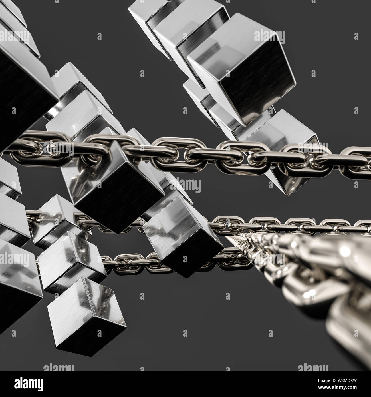 Metal chains and cubes background, 3d rendering. Computer digital ...
