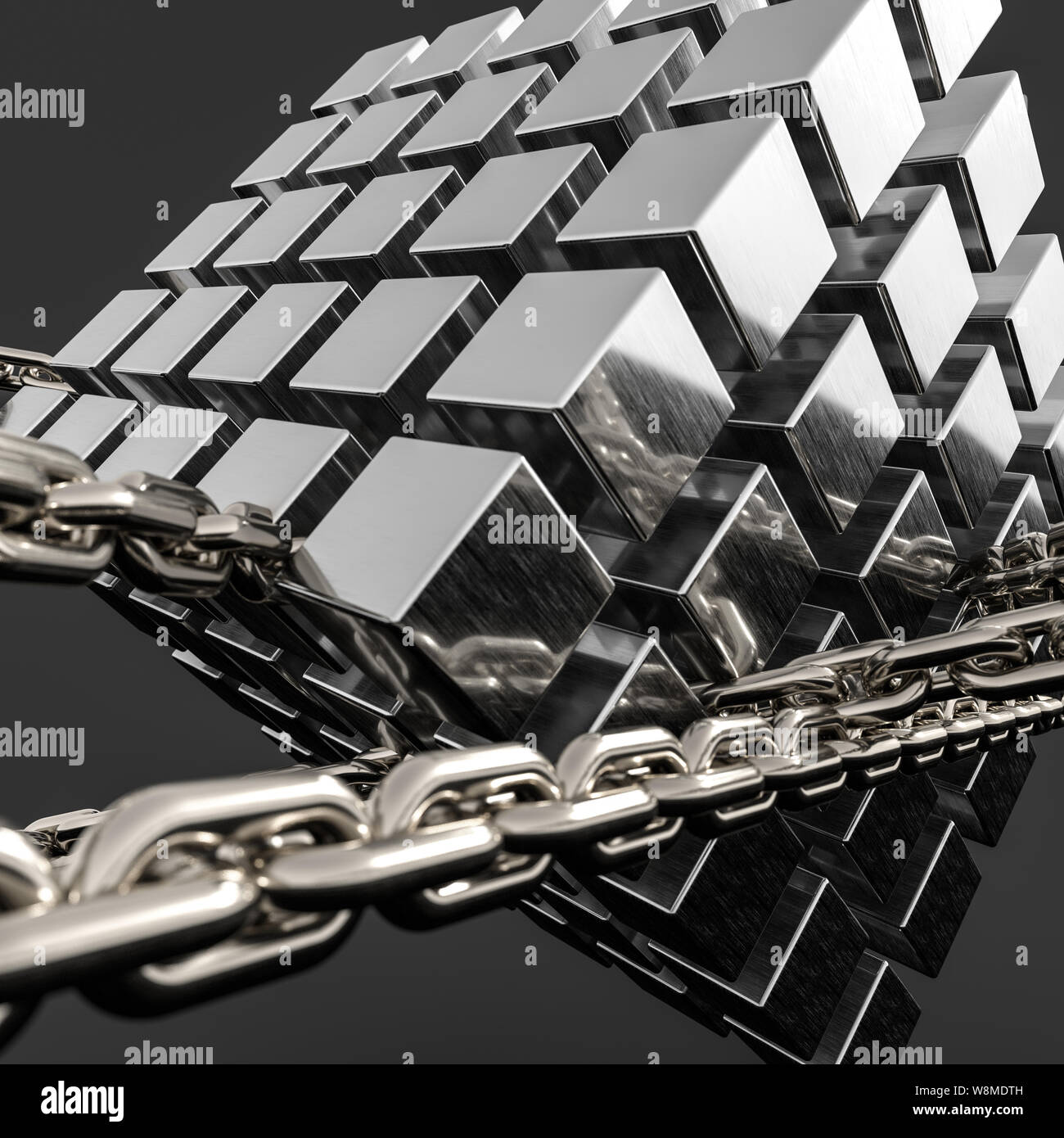 Metal chains and cubes background, 3d rendering. Computer digital ...
