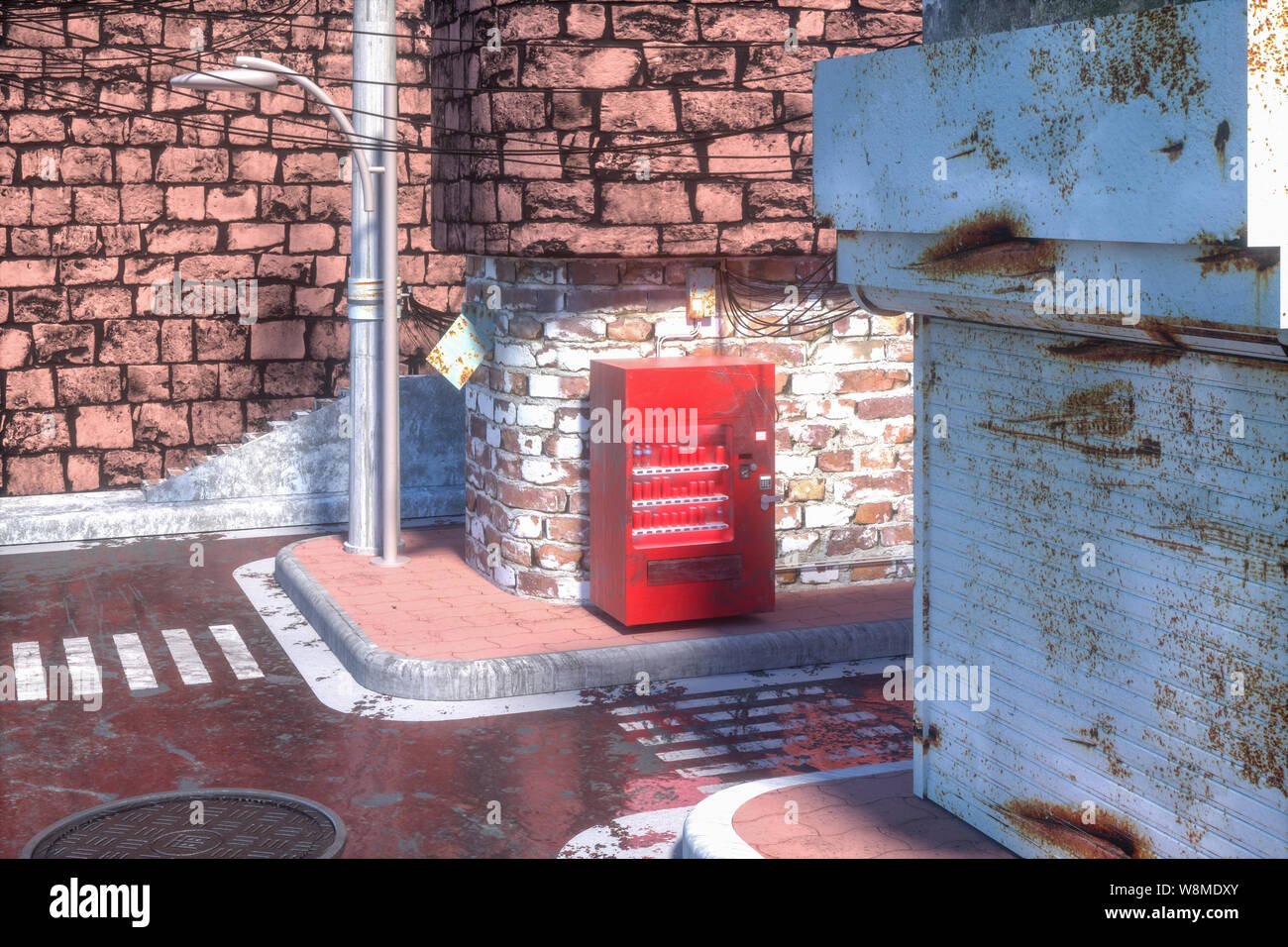 The retro city street with brick buildings by the road, 3d rendering ...