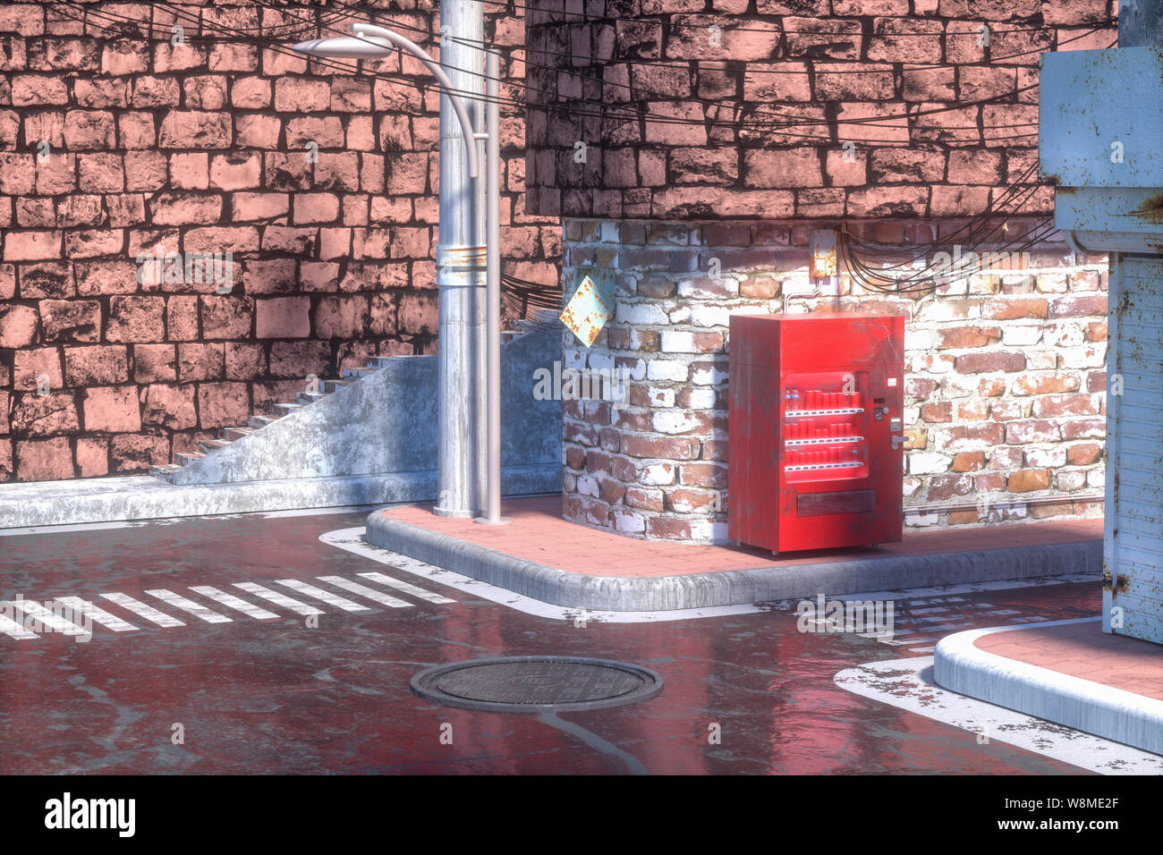 The retro city street with brick buildings by the road, 3d rendering ...