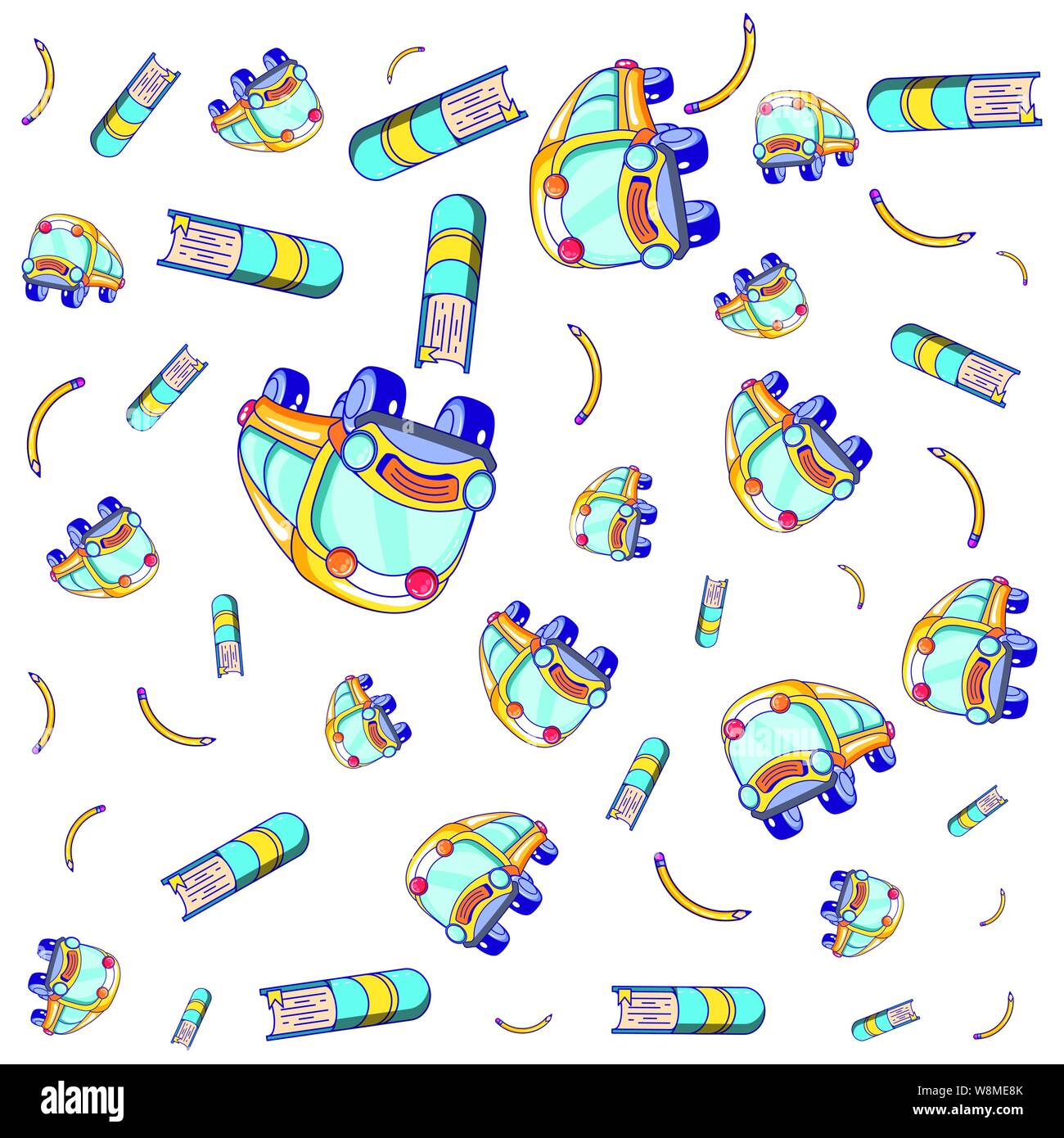 pattern of books with pencils and bus transportation vector ...