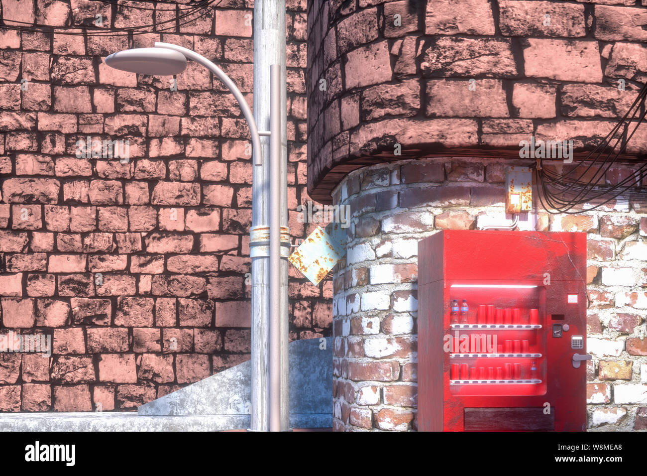 The retro city street with brick buildings by the road, 3d rendering ...