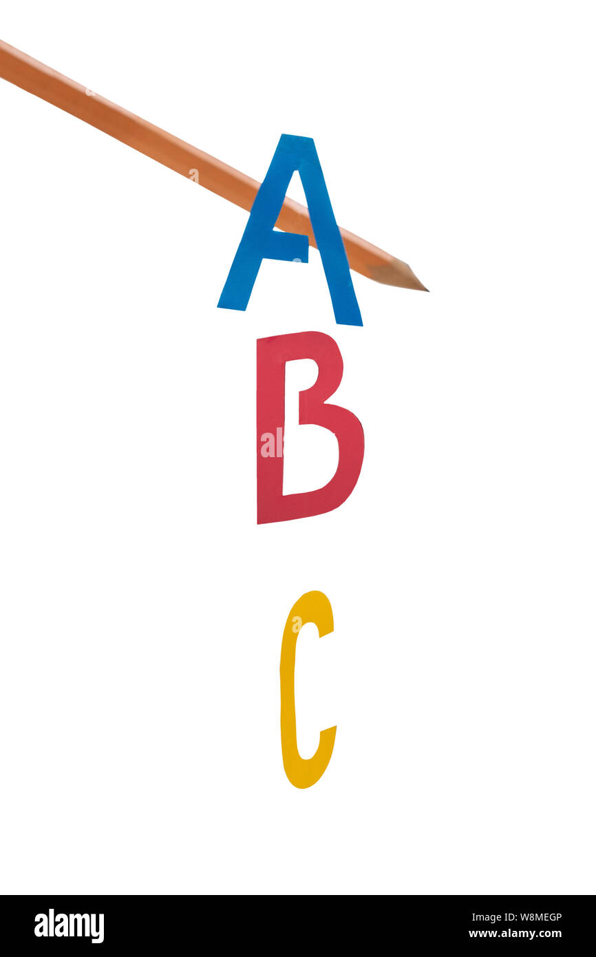 An A B C letters background. Close-up of ABC and of a pencil with focus ...