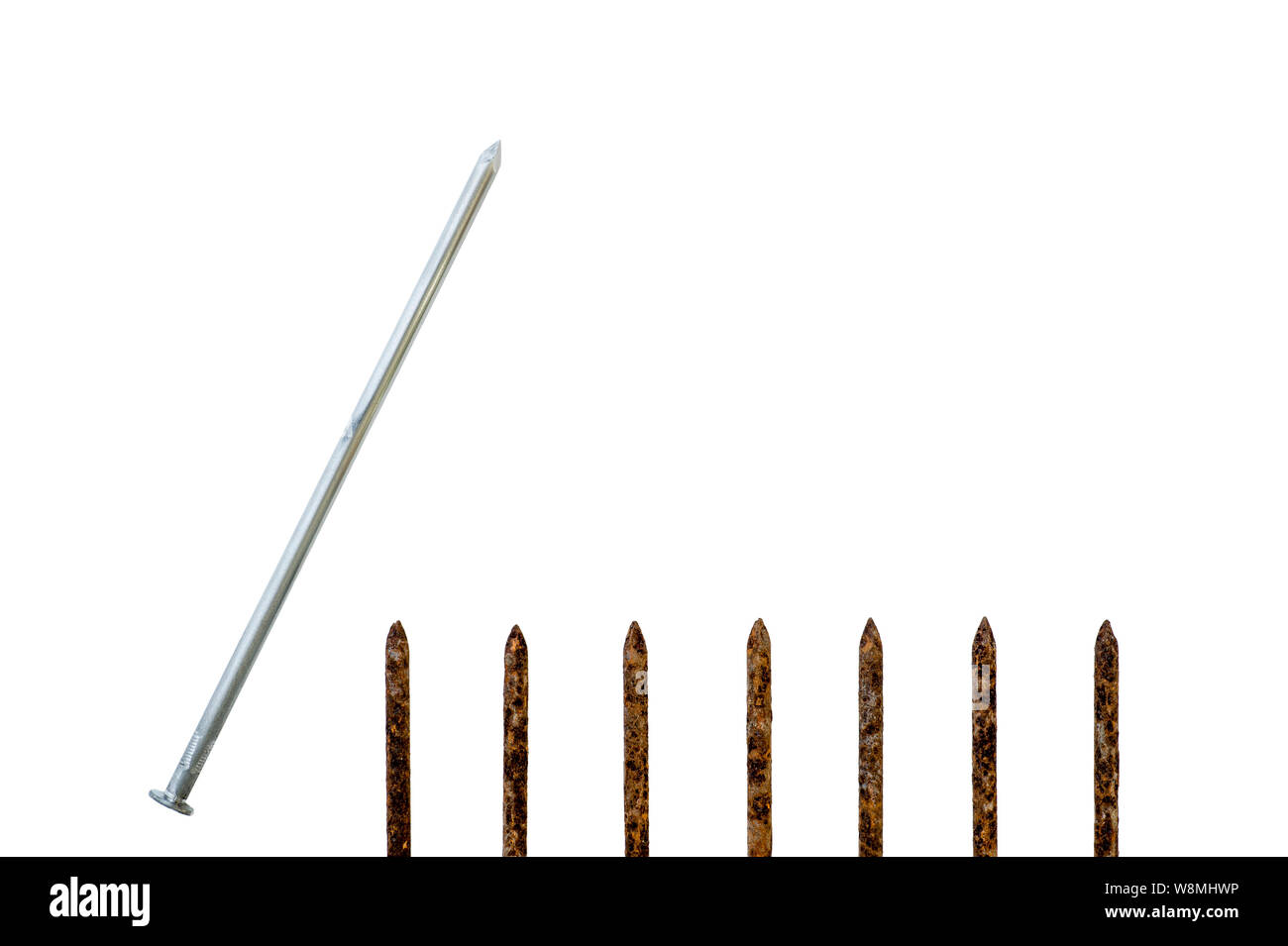 Metal shiny sharp nail at the top of a pile of old rusty nails isolated ...