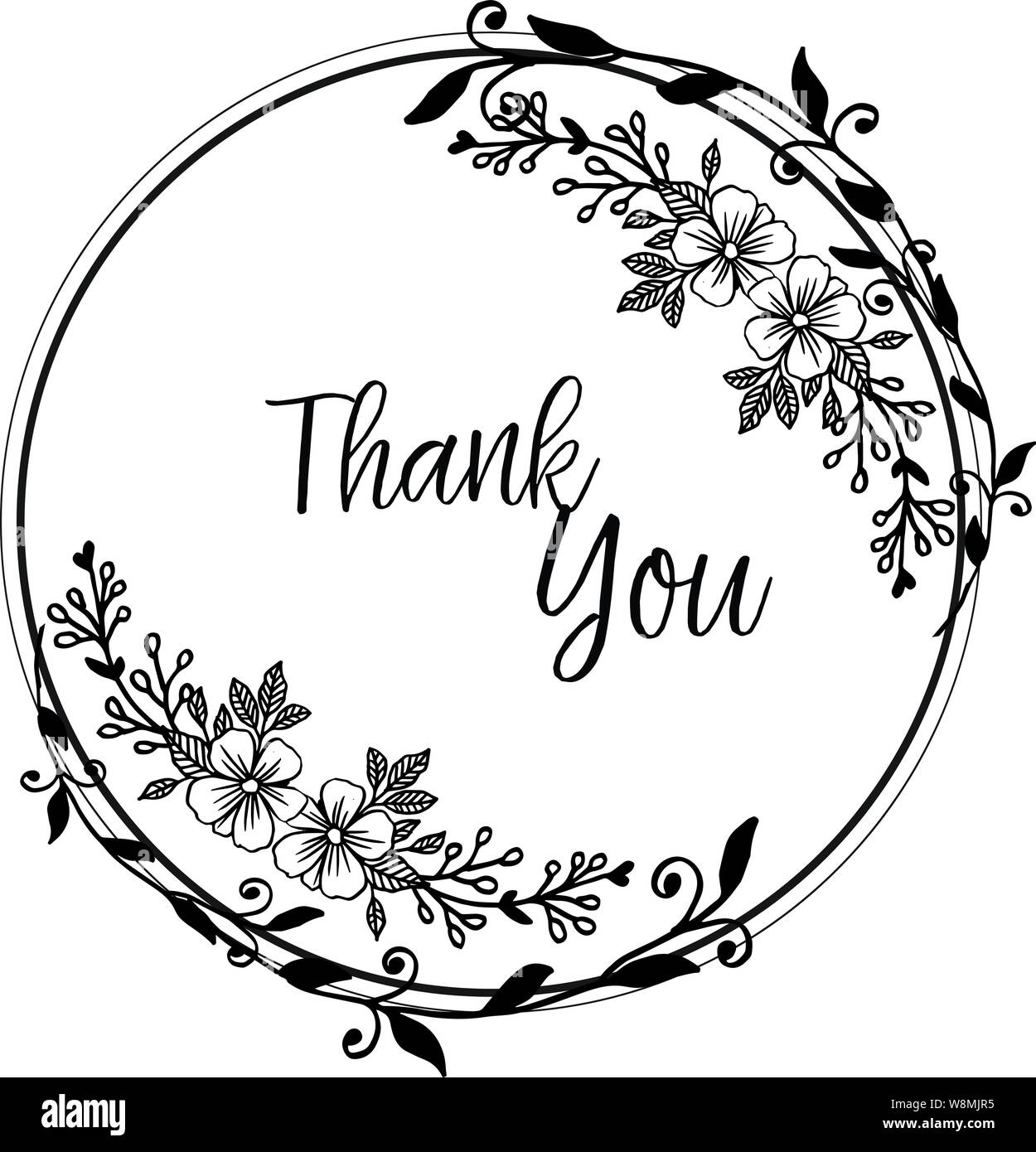 Template of greeting card thank you, with design floral frame, isolated ...