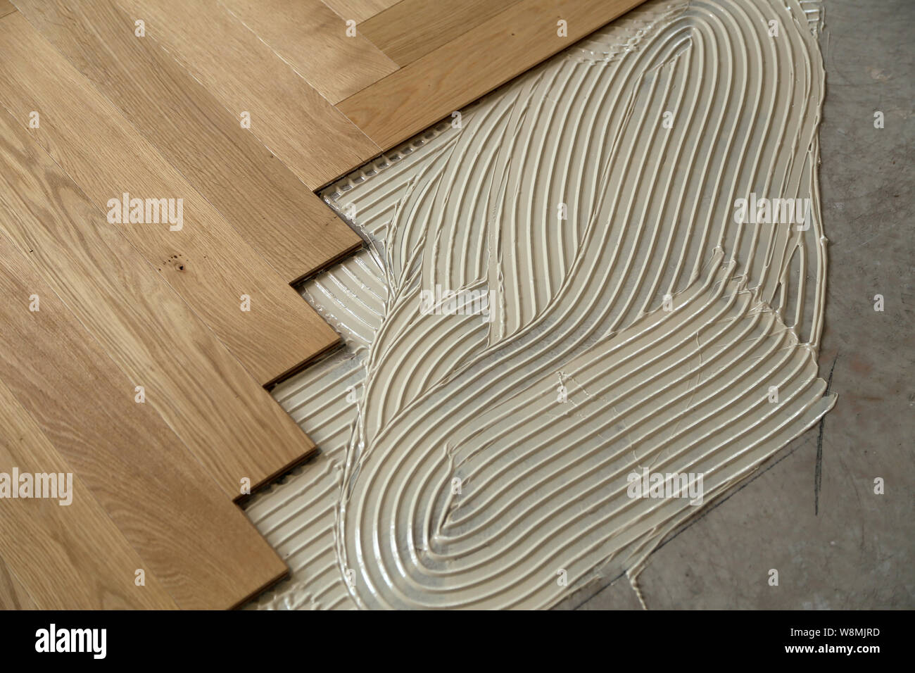 Construction in a renovated room installation of parquet. Pad applied ...