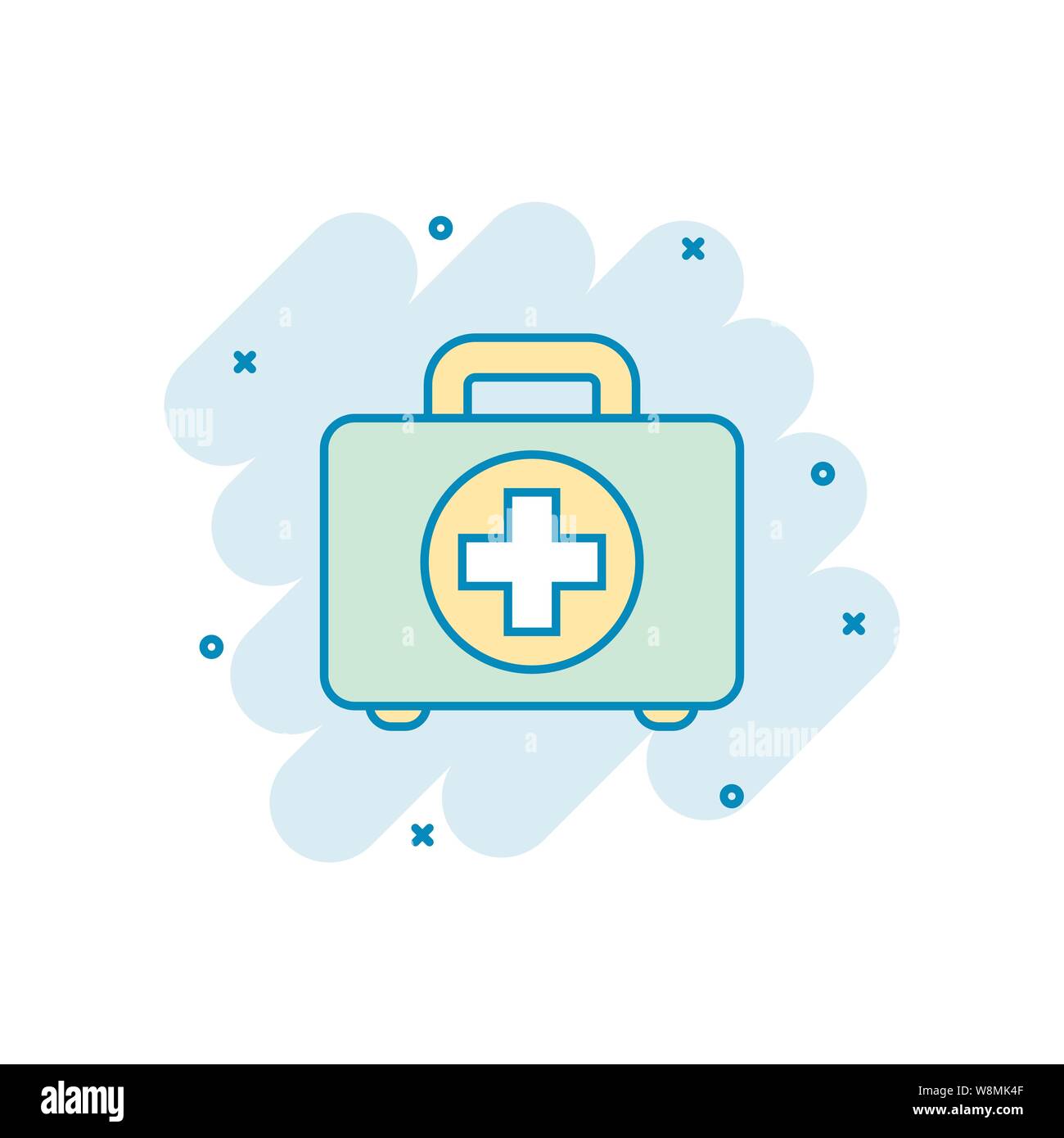 First aid kit icon in comic style. Health, help and medical diagnostics ...
