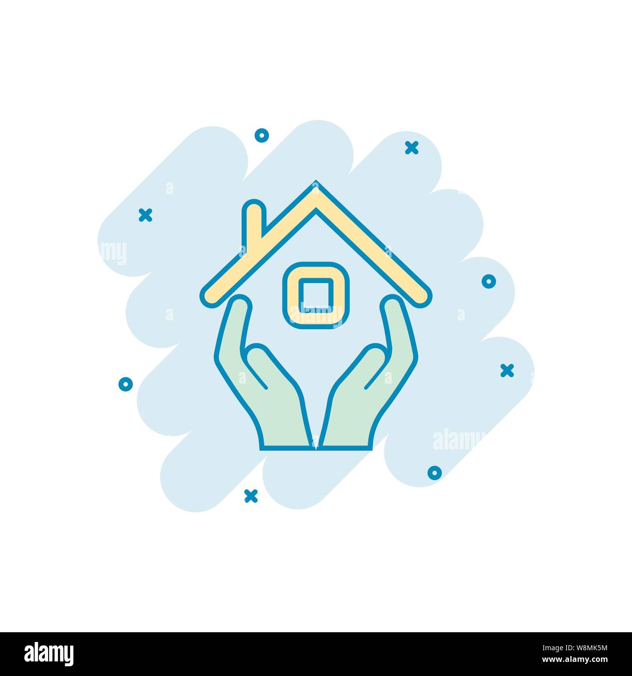 Home care icon in comic style. Hand hold house vector cartoon ...