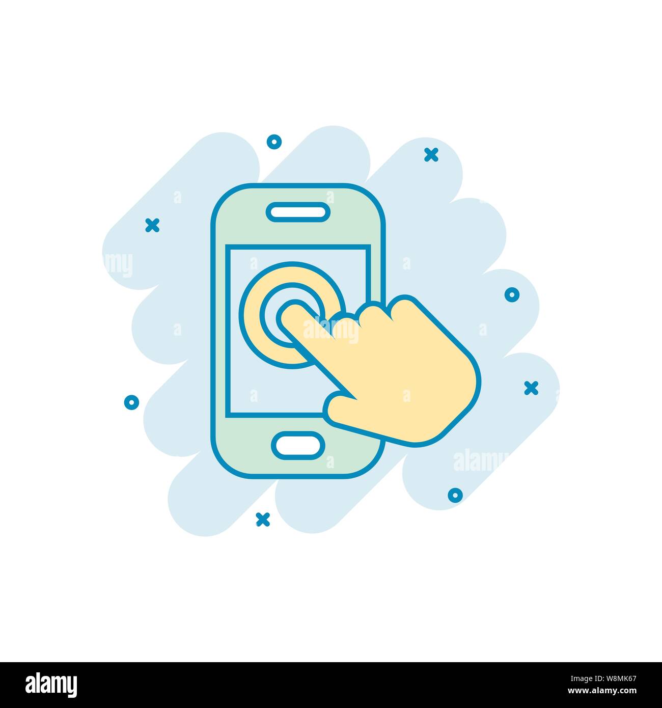 Hand touch smartphone icon in comic style. Phone finger vector cartoon ...