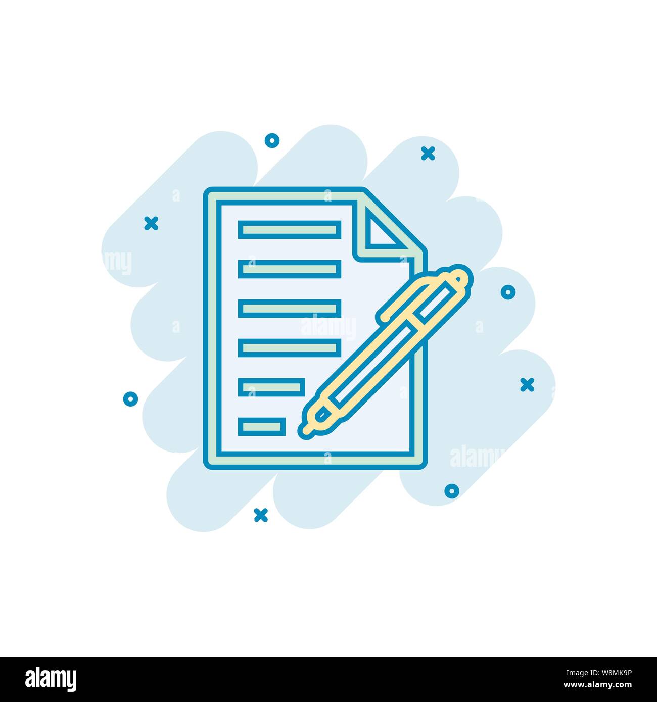 Document with pen icon in comic style. Notepad vector cartoon ...