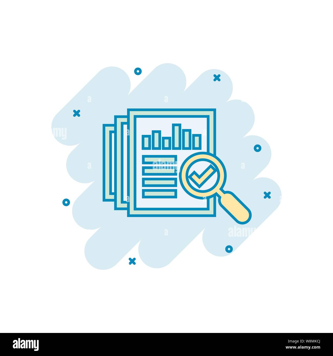 Audit document icon in comic style. Result report vector cartoon illustration on white isolated ...