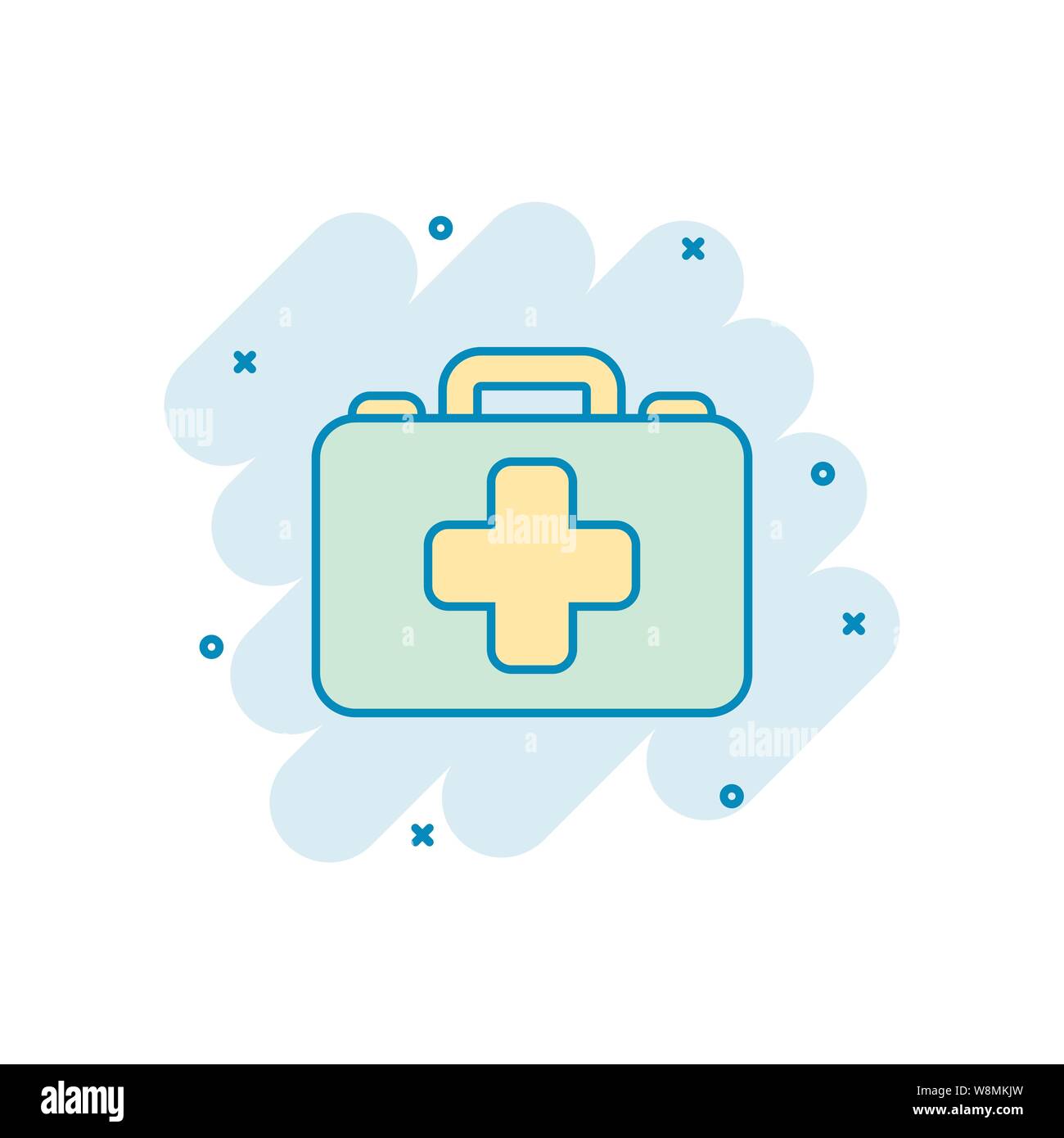 First aid kit icon in comic style. Health, help and medical diagnostics ...