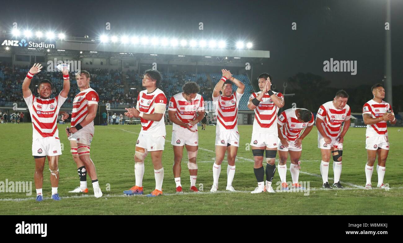 Suva, Fiji. 10th Aug, 2019. Japan players celebrate after a 34-20 win ...