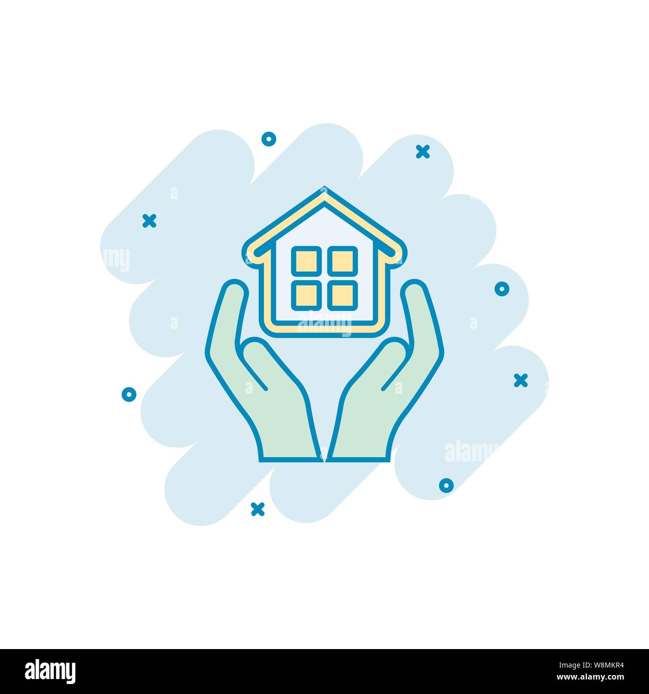 Home care icon in comic style. Hand hold house vector cartoon ...