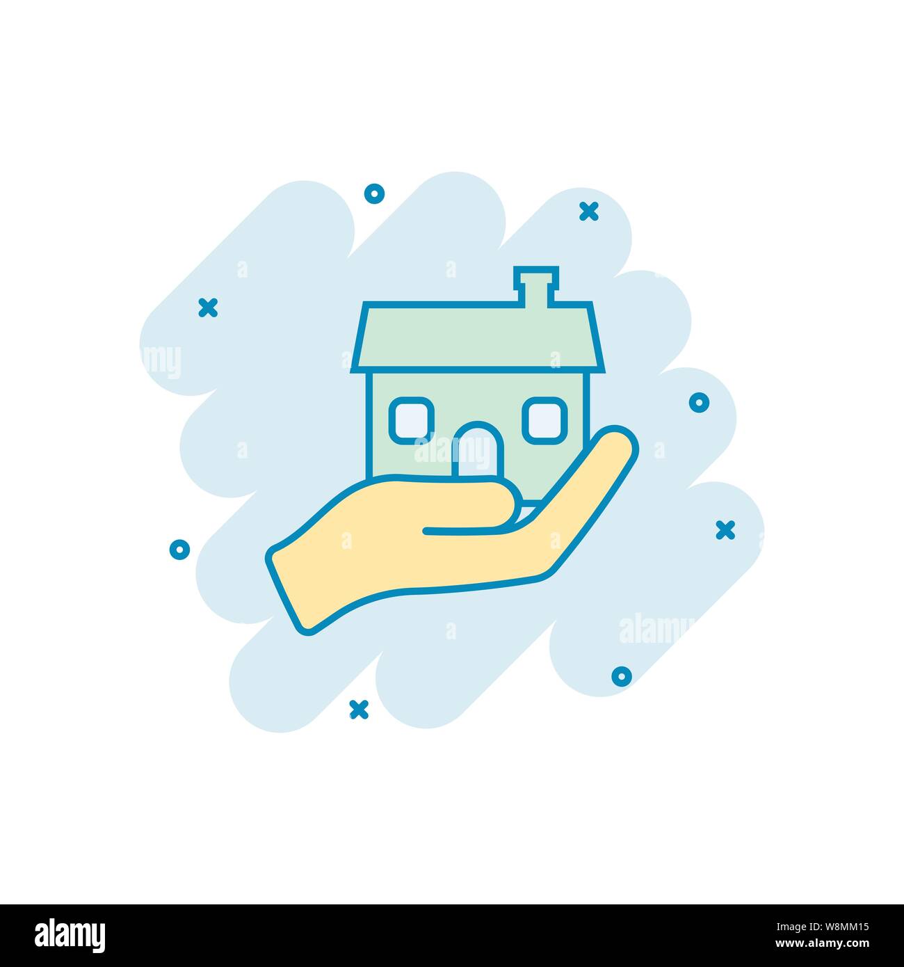 Home care icon in comic style. Hand hold house vector cartoon ...
