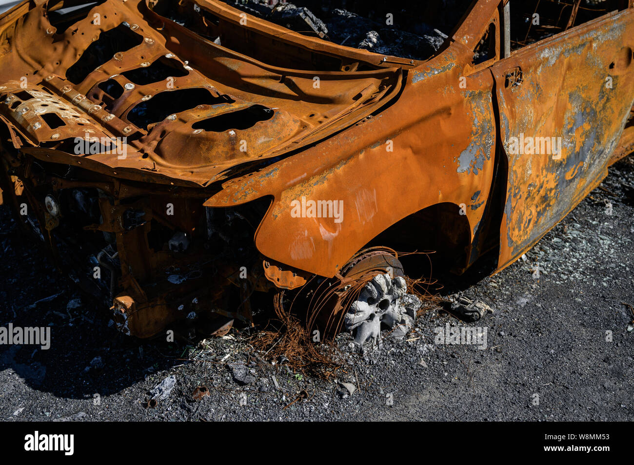 Burnt and rusty car skeleton Stock Photo - Alamy