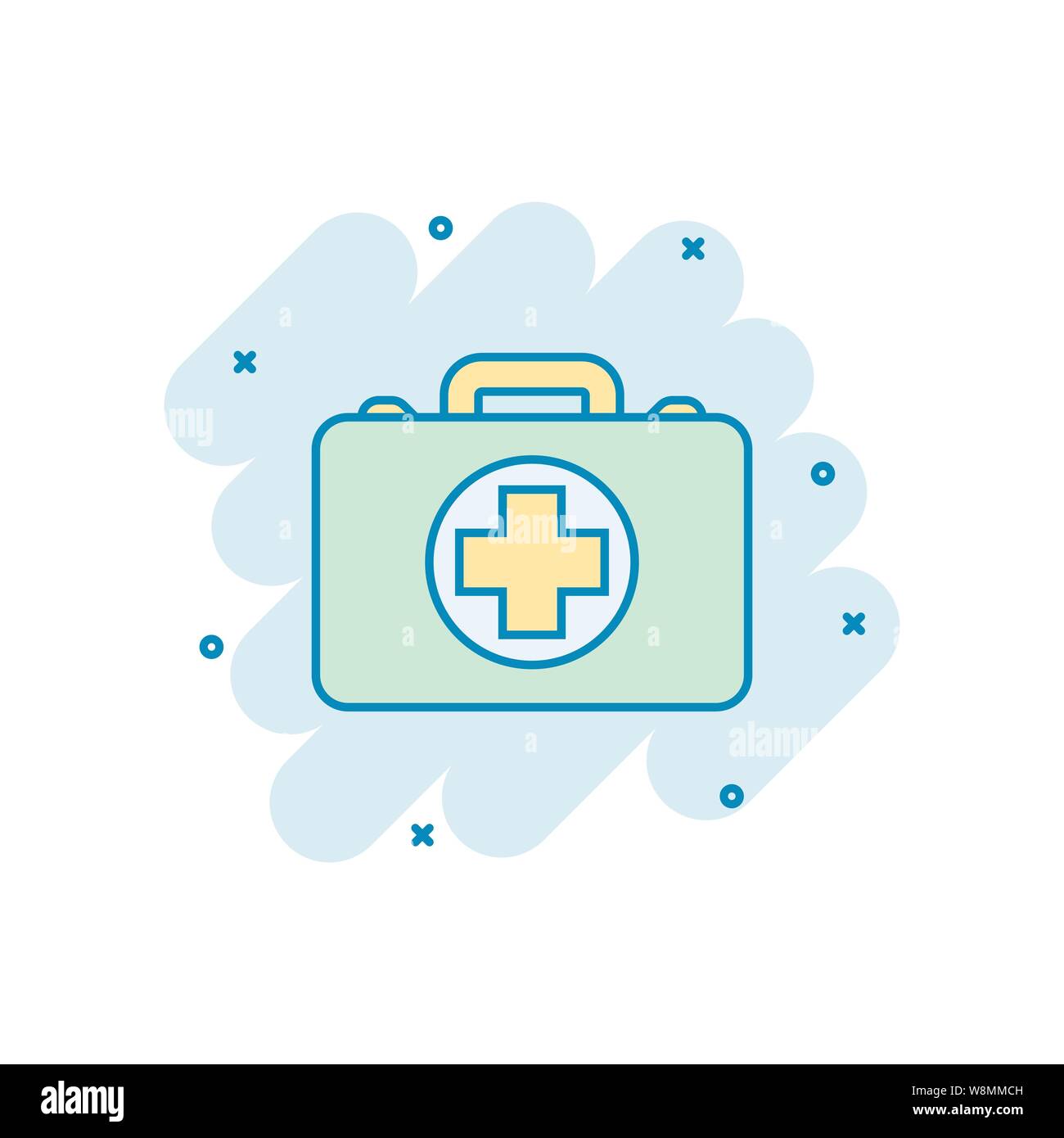 First aid kit icon in comic style. Health, help and medical diagnostics ...
