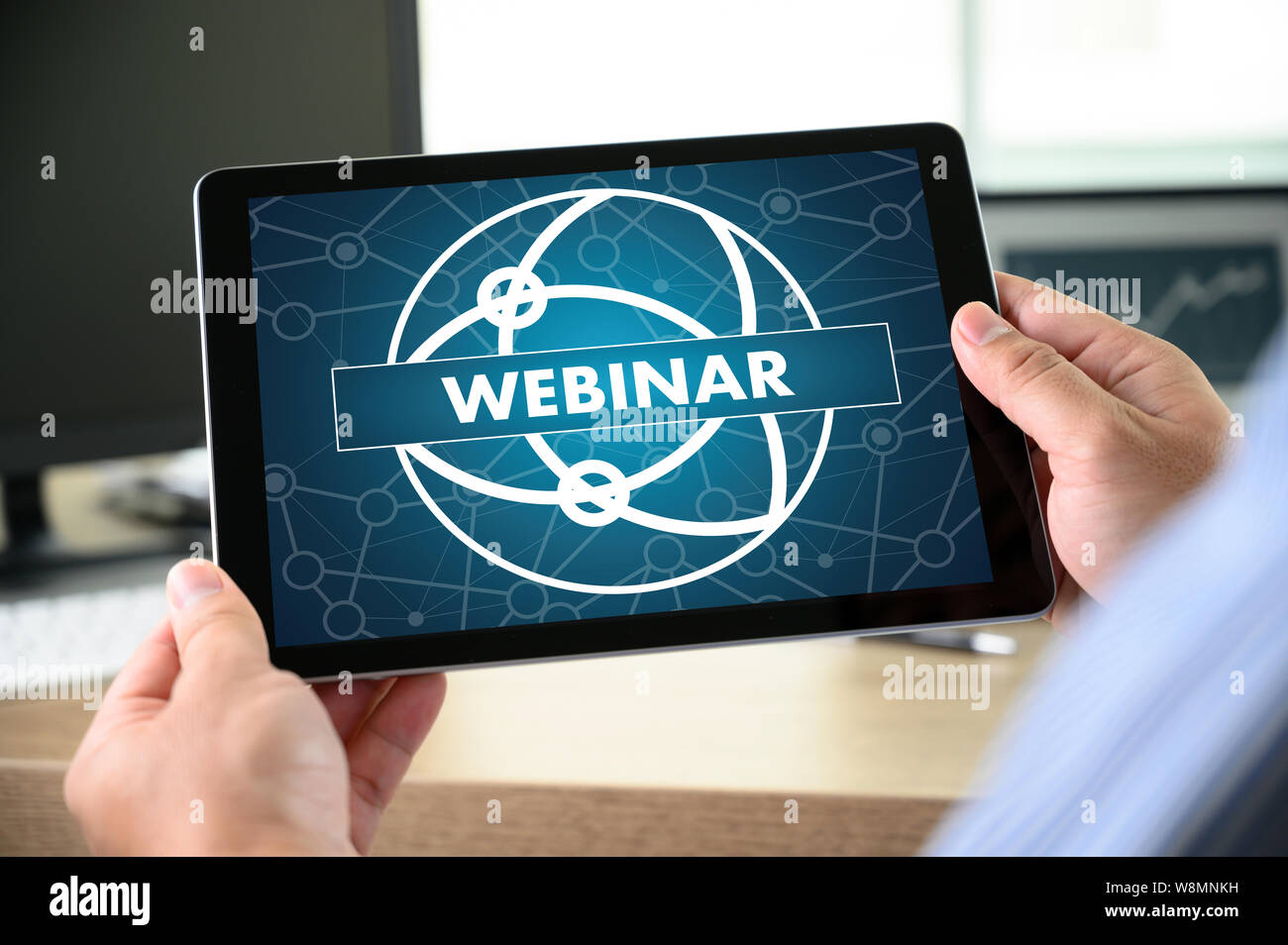 WEBINAR man hand on table Business, coffee, Split tone Stock Photo - Alamy