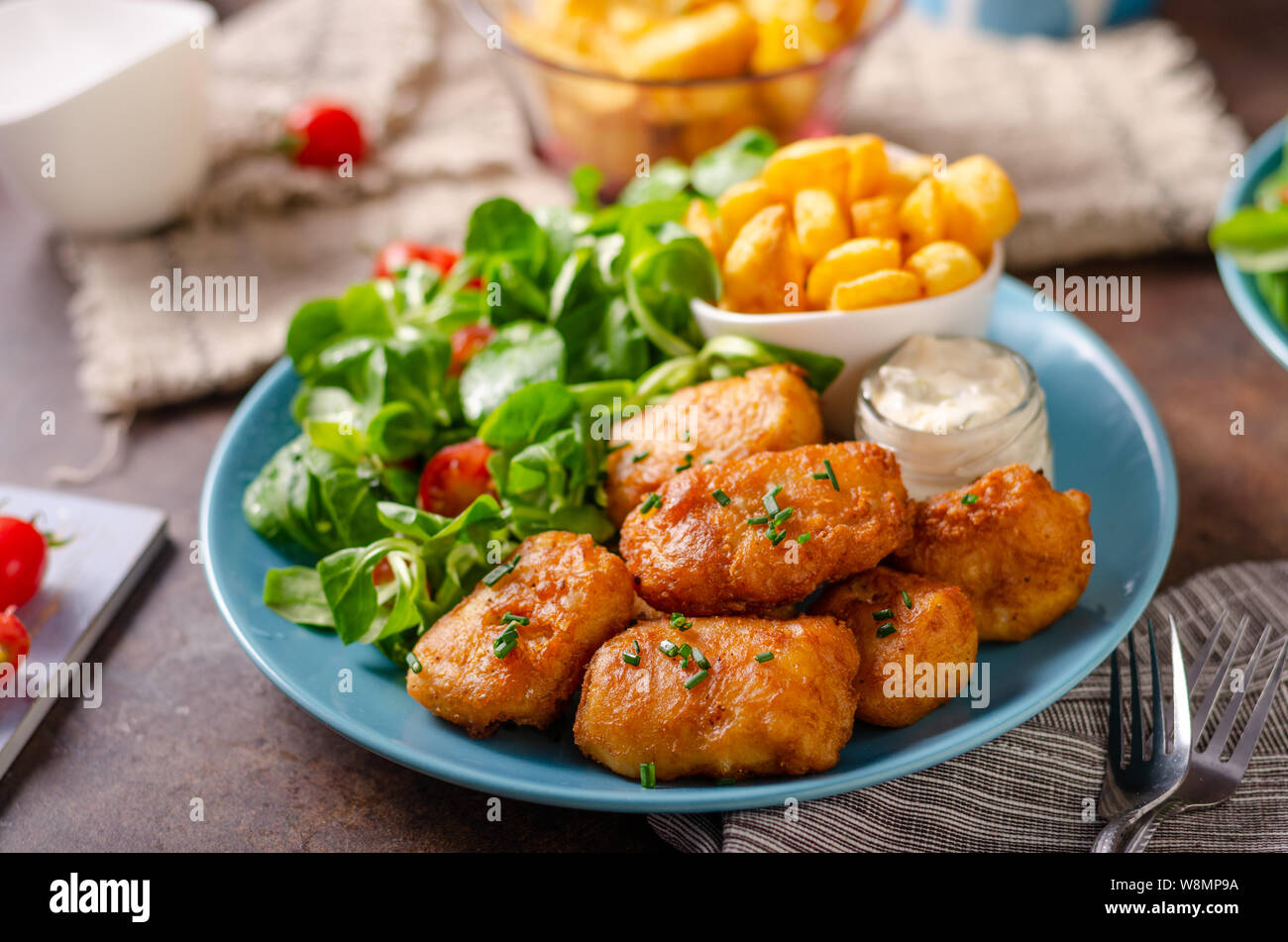 Fish and homemade french fries with delicious tartar sauce Stock Photo ...