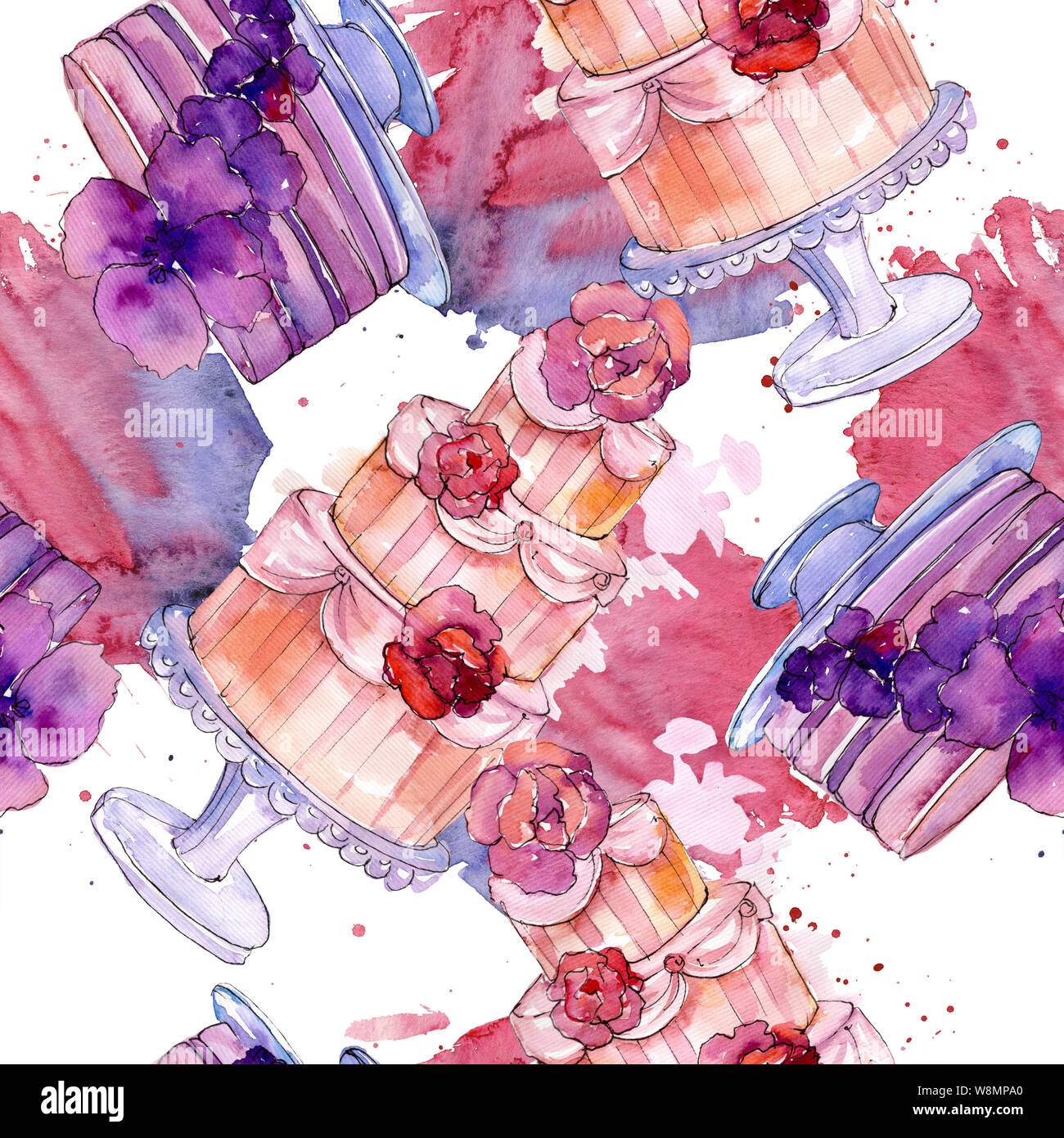 Tasty cake decorated with flowers. Watercolor background illustration ...
