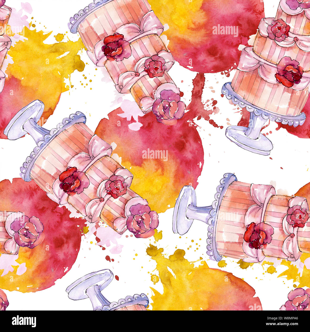 Tasty cake decorated with flowers. Watercolor background illustration ...