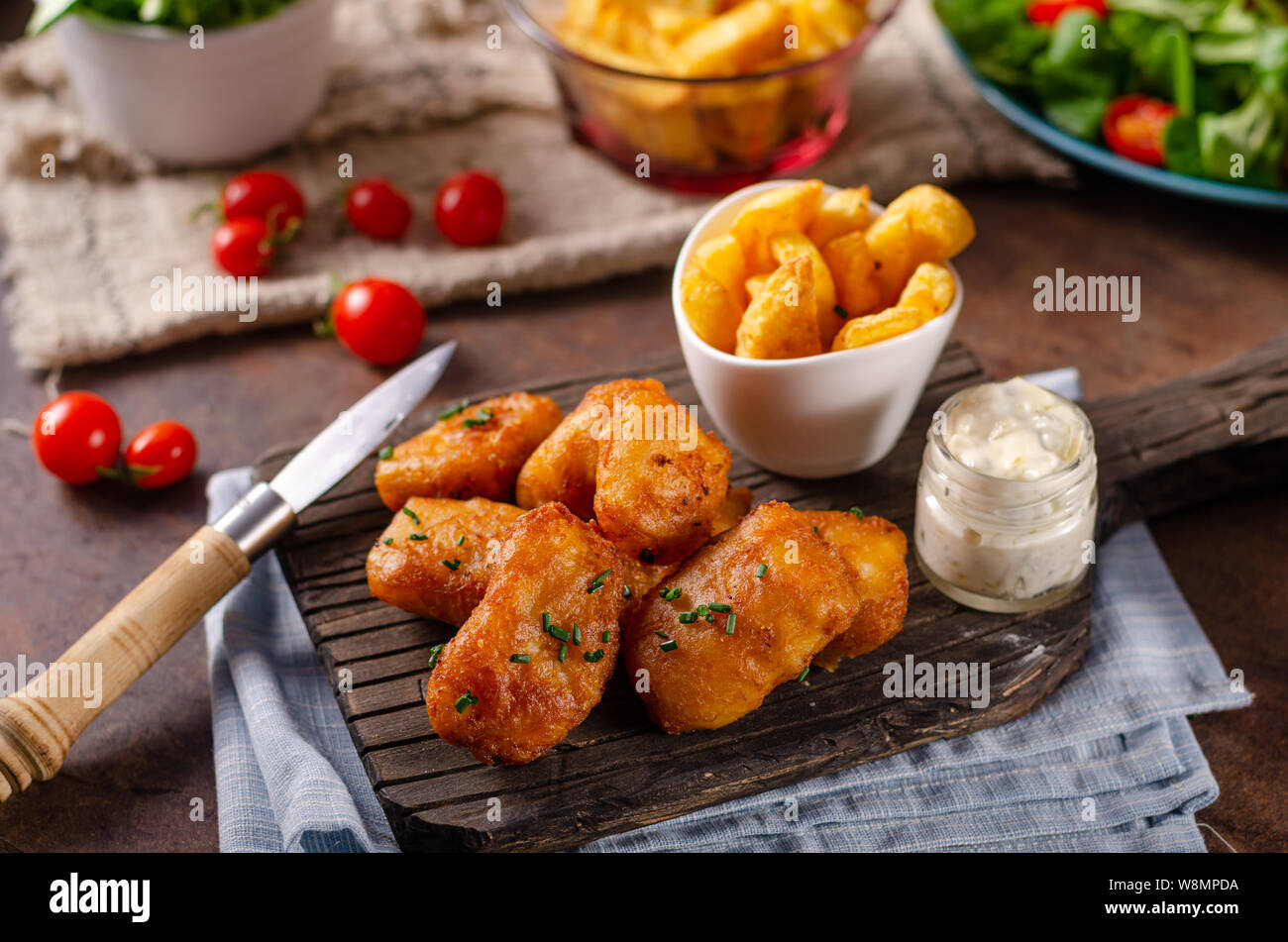 Fish and homemade french fries with delicious tartar sauce Stock Photo ...