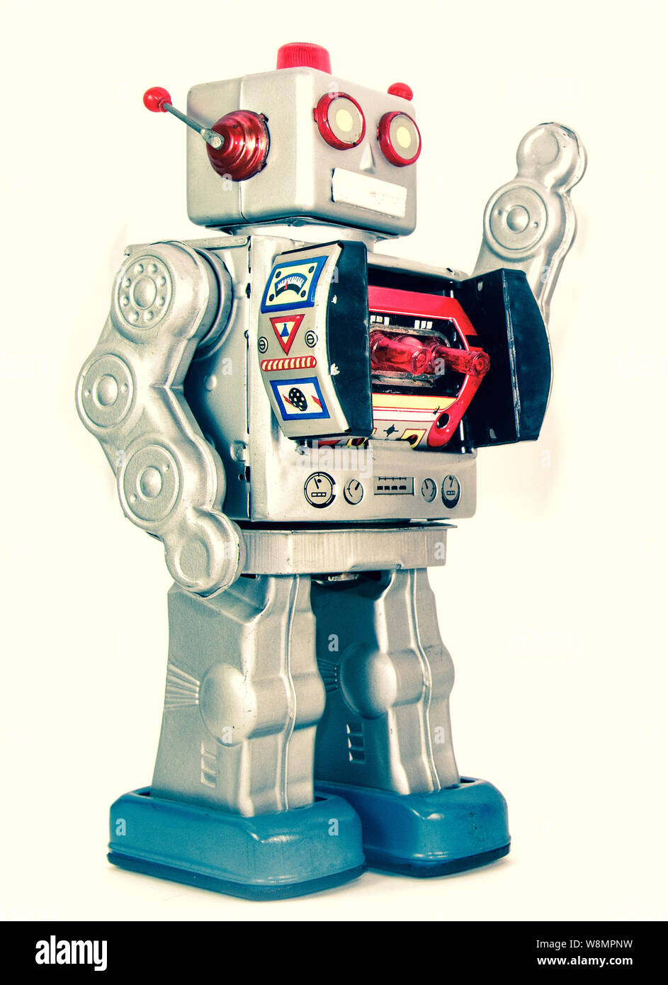 retro silver robot is waving isolated on white Stock Photo - Alamy