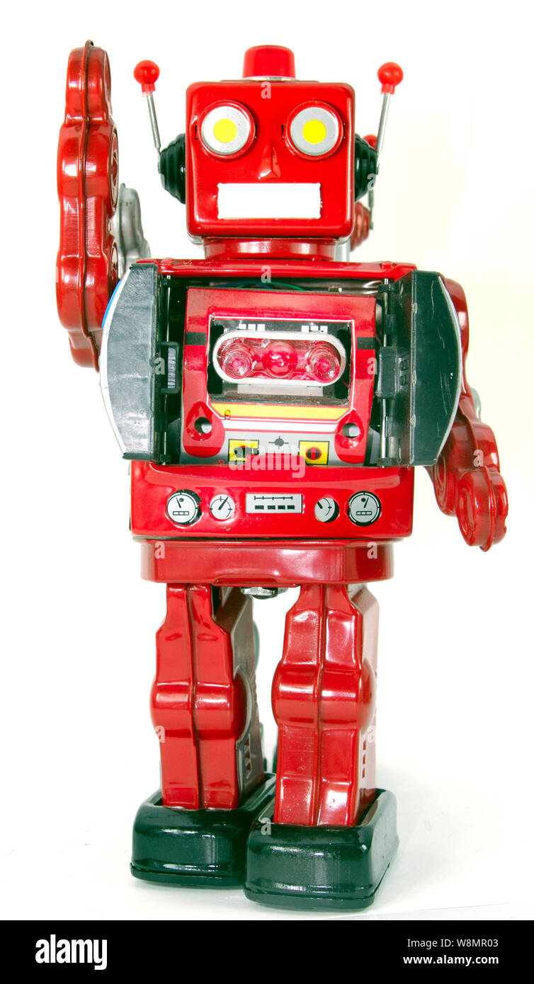 red retro robot waving isolated on white Stock Photo - Alamy