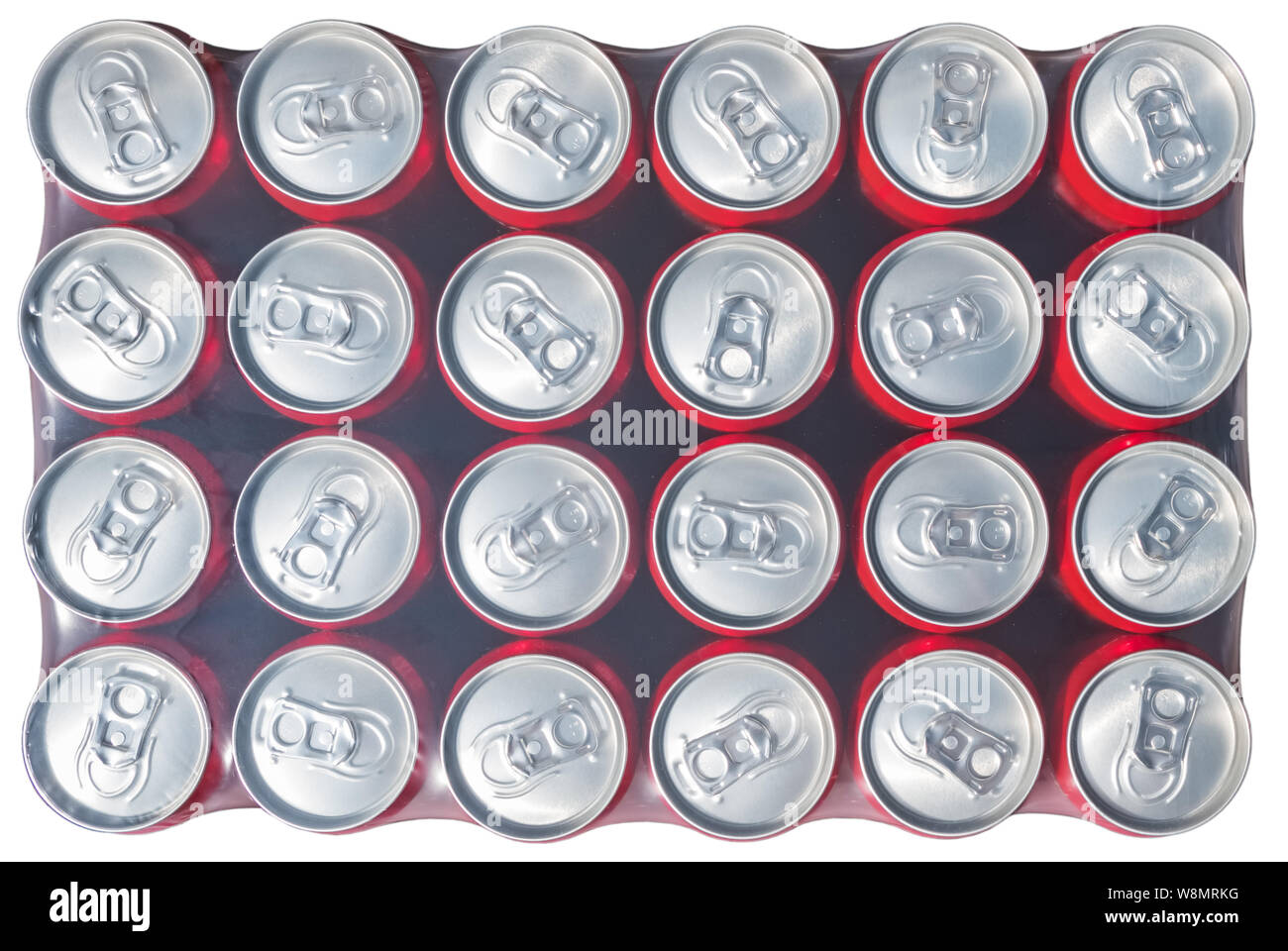 Red aluminium cans packed in plastick isolated at white background ...
