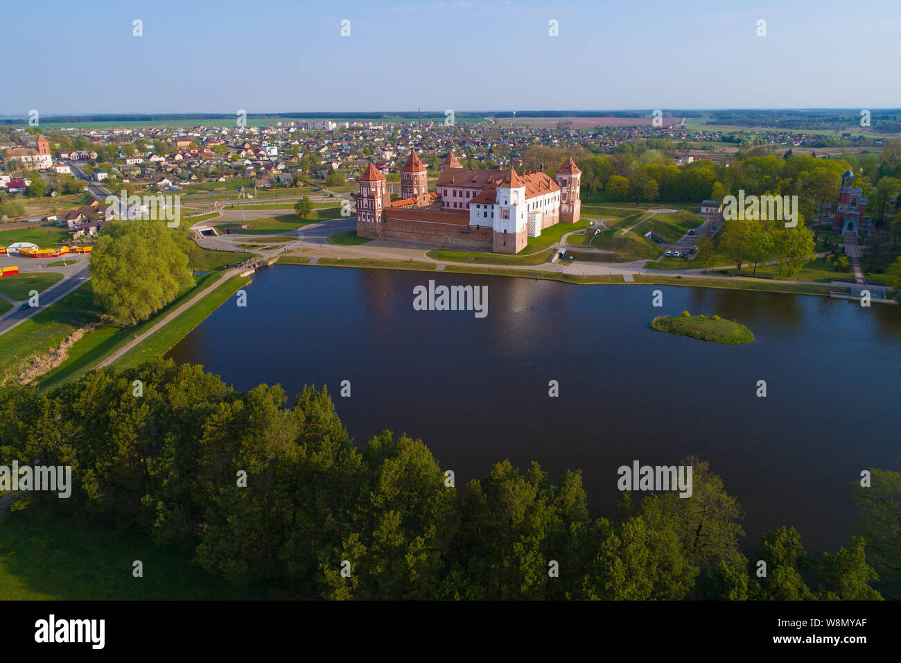 Mir Castle in a spring morning landscape (aerial photography). Belarus ...