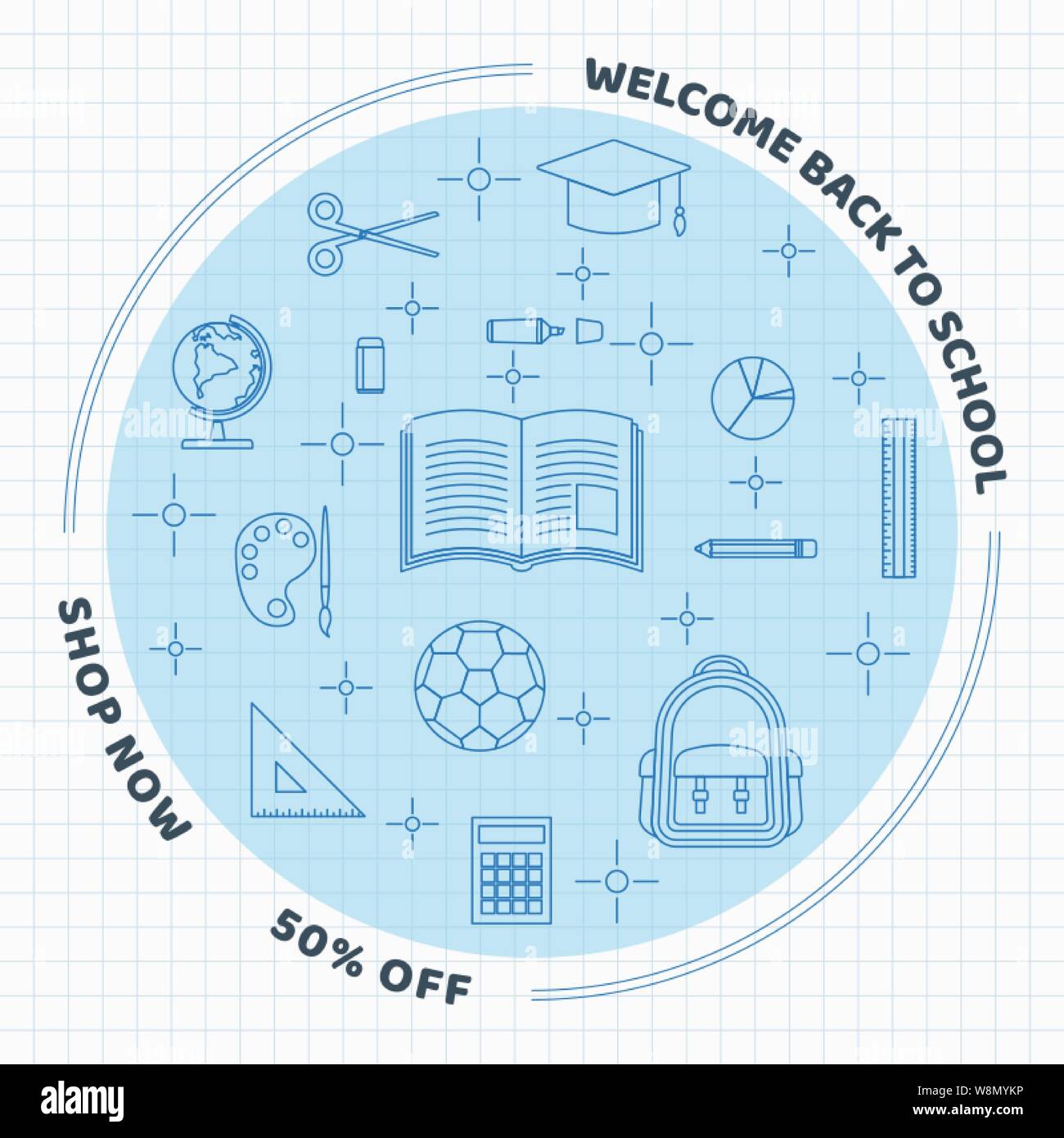 Back to school background with school and class elements in line art ...