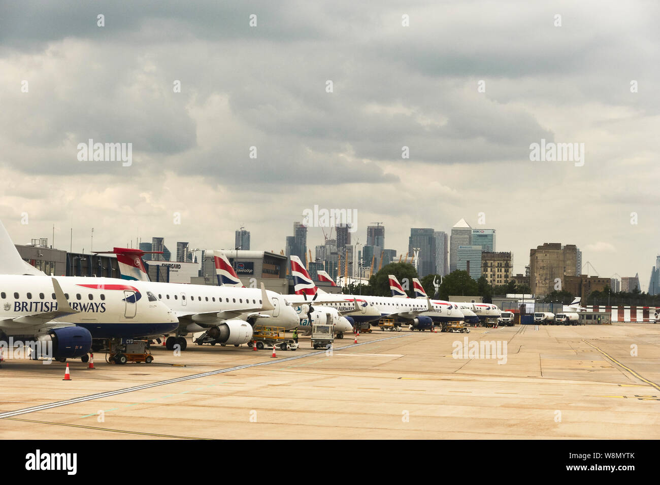 View of city London city airport runway from a plane window. London, UK ...